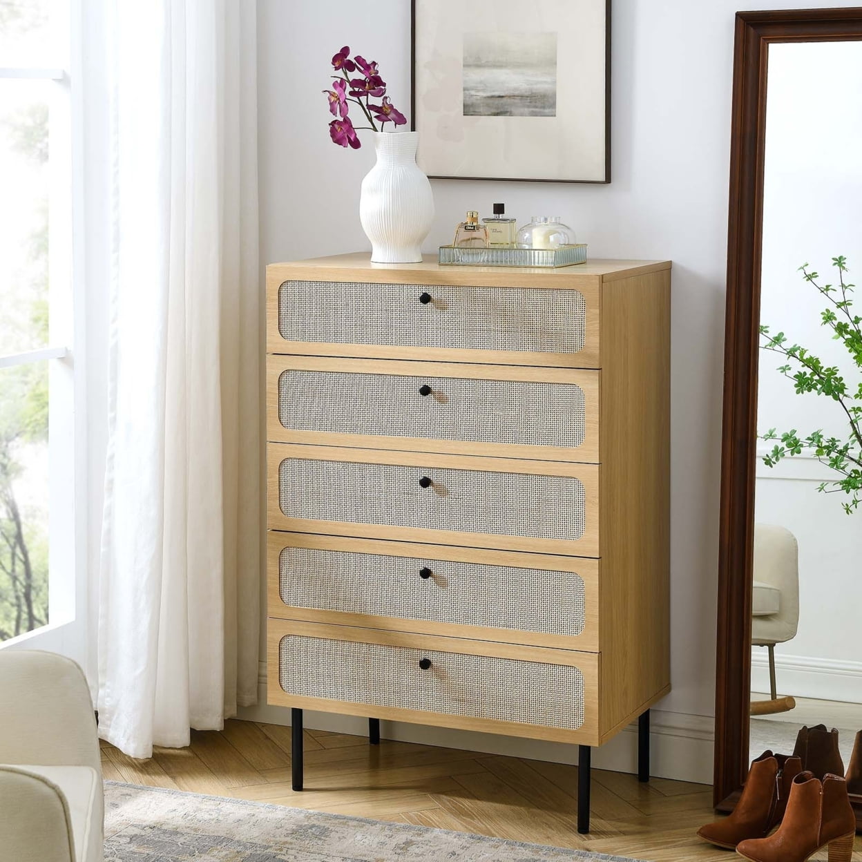 Modway Chaucer 5-Drawer Particleboard and Rattan Chest in Oak - Walmart.com