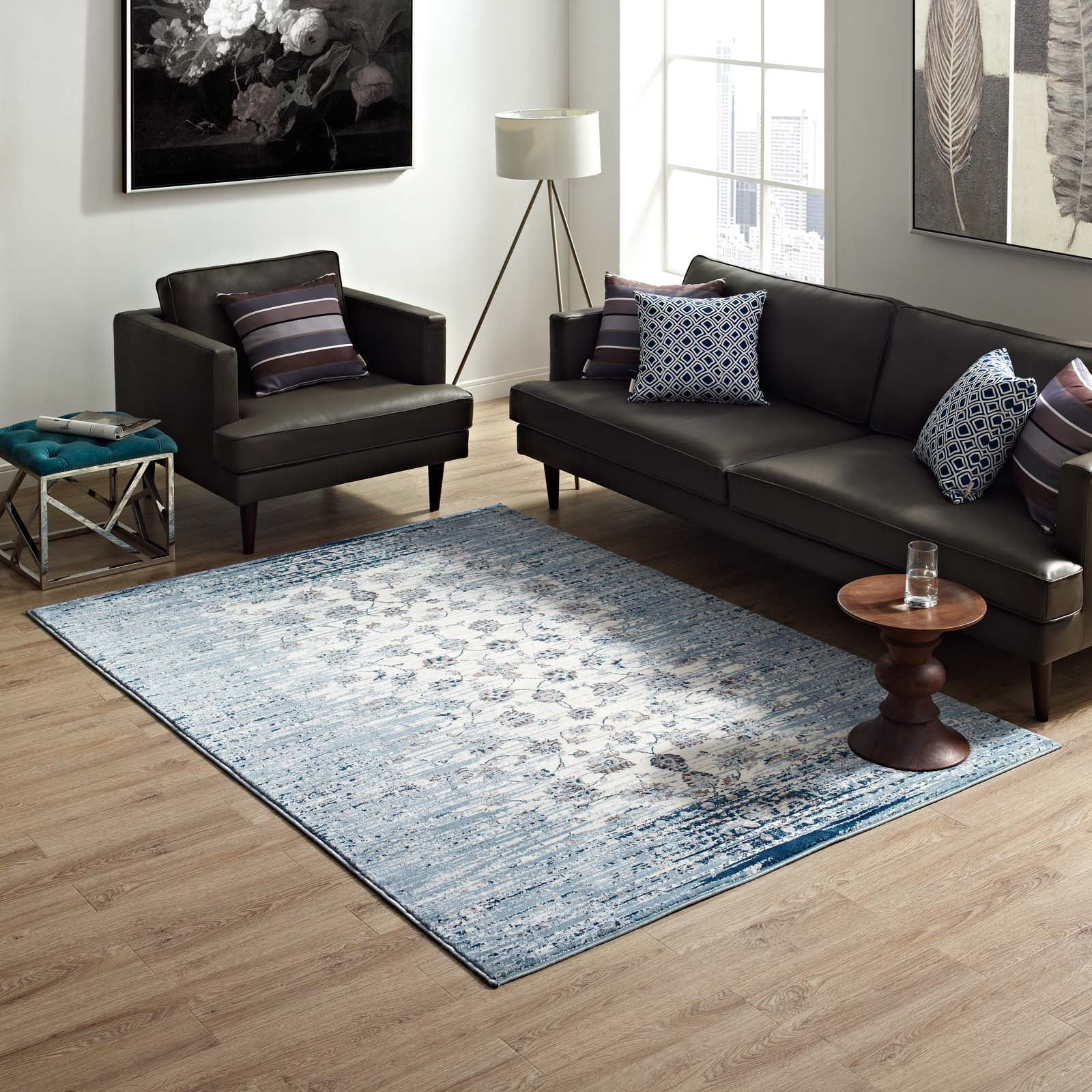 Modway Chiara Distressed Floral Lattice Contemporary 5x8 Area Rug in ...
