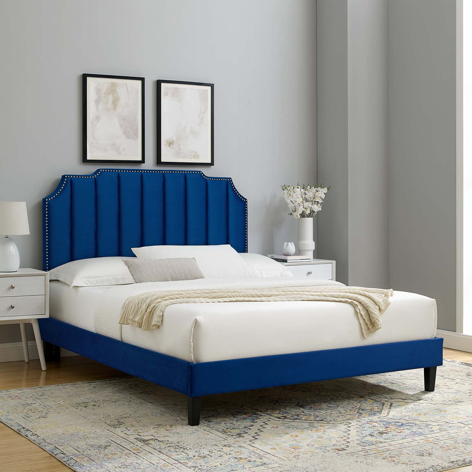 Modway Colette Modern Performance Velvet King Platform Bed in Navy ...
