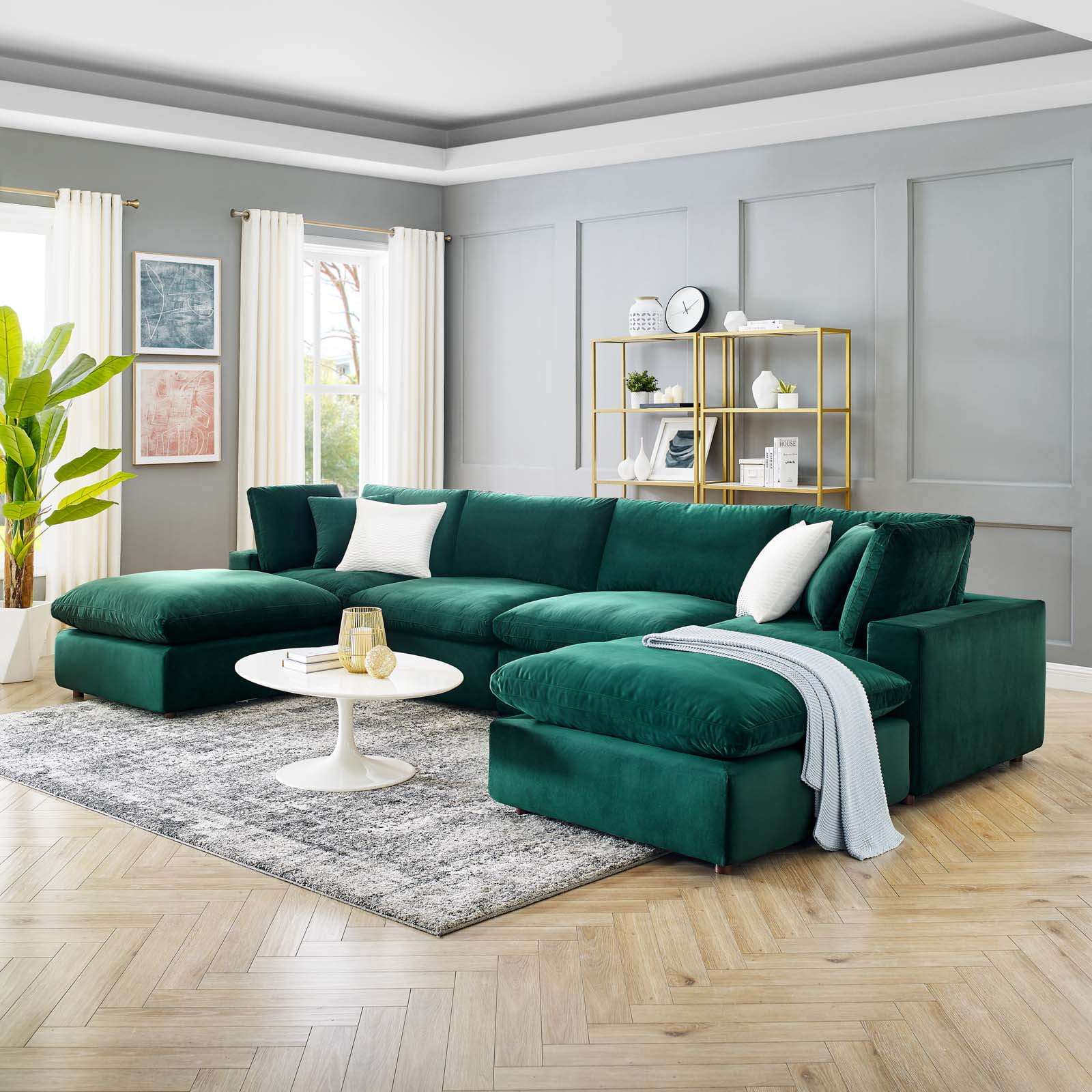 Modway Commix 6-Piece Performance Velvet Sectional Sofa in Green ...