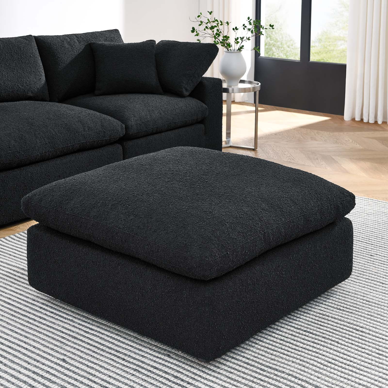 Modway Commix Upholstered Boucle Fabric & Solid Wood Ottoman in Black ...