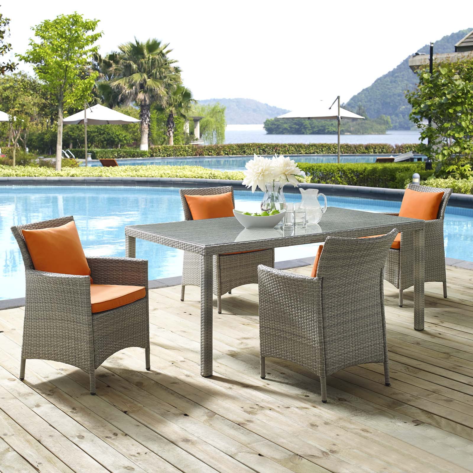 Modway Conduit 5 Piece Outdoor Patio Wicker Rattan Dining Set in Light ...