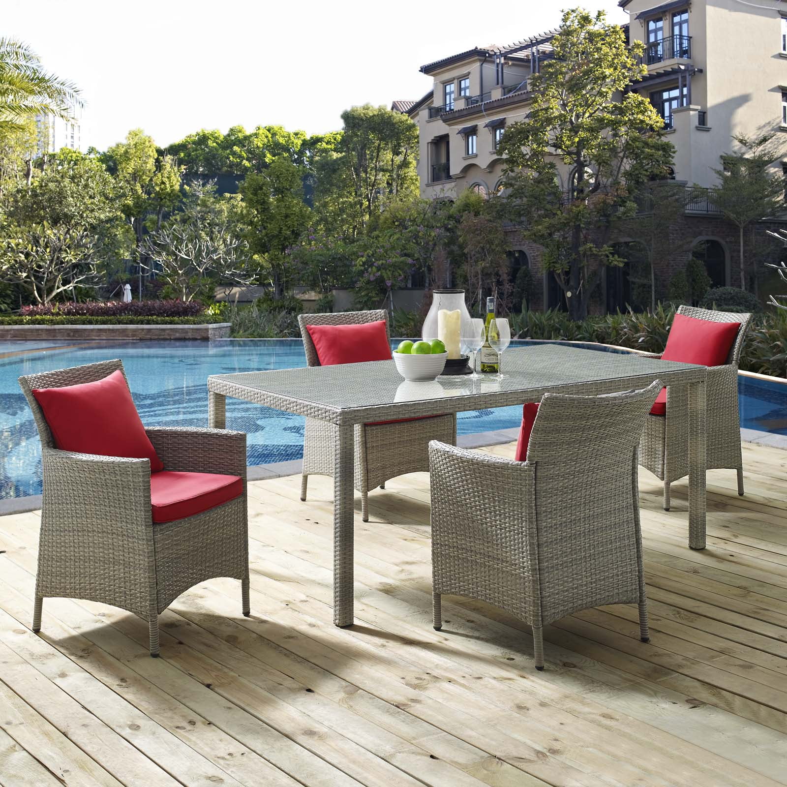 Modway Conduit 5 Piece Outdoor Patio Wicker Rattan Dining Set in Light ...