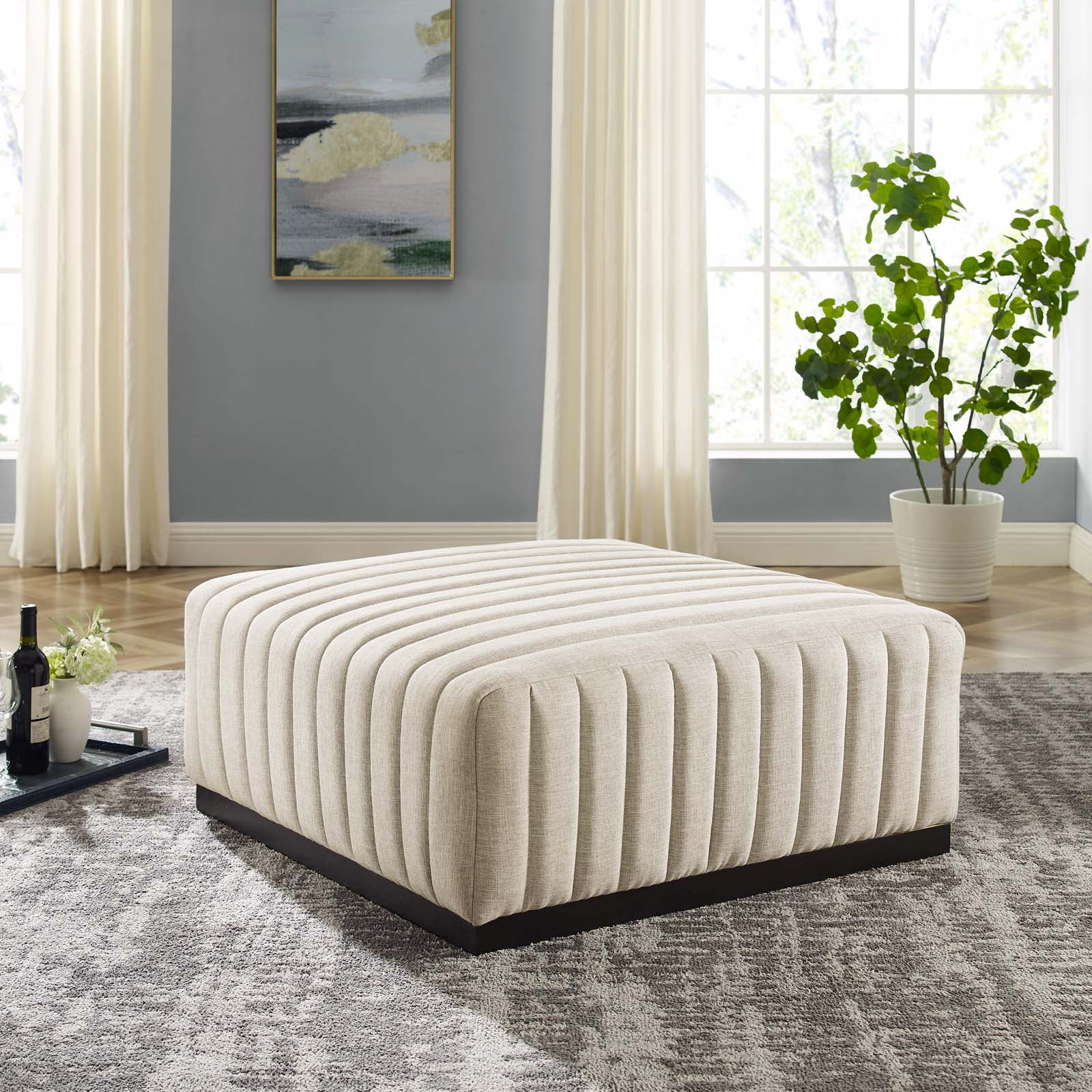 Modway Conjure Channel Tufted Upholstered Fabric Ottoman in Black Beige ...