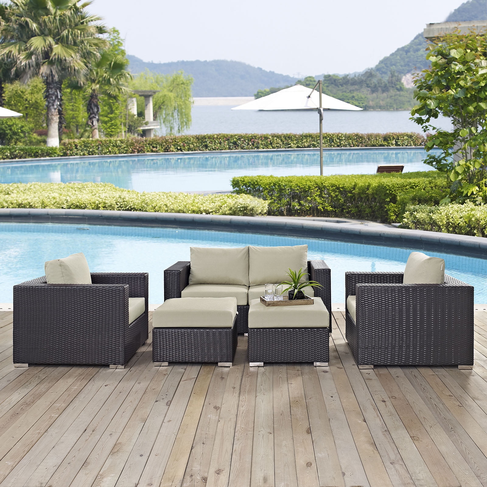 Modway Convene 5 Piece Outdoor Patio Sofa Set in Espresso Beige ...