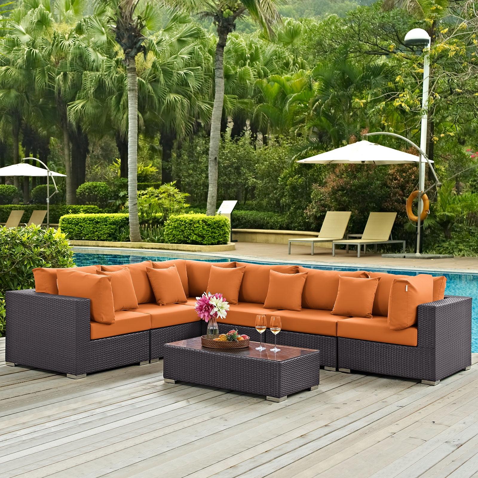 Modway Convene 7 Piece Outdoor Patio Sectional Set in Expresso Orange ...