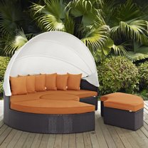 Walsunny Outdoor Round Daybed with Retractable Canopy, Wicker Rattan ...