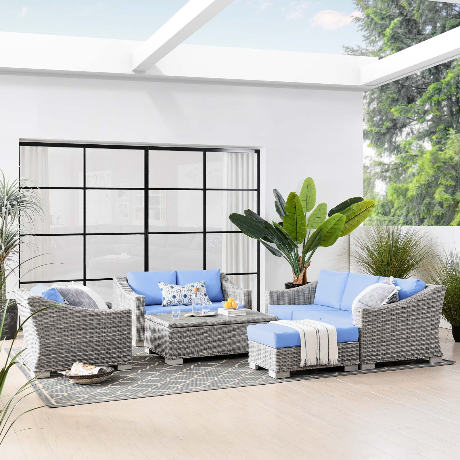 Modway Conway 5-Piece Outdoor Patio Wicker Rattan Furniture Set in ...