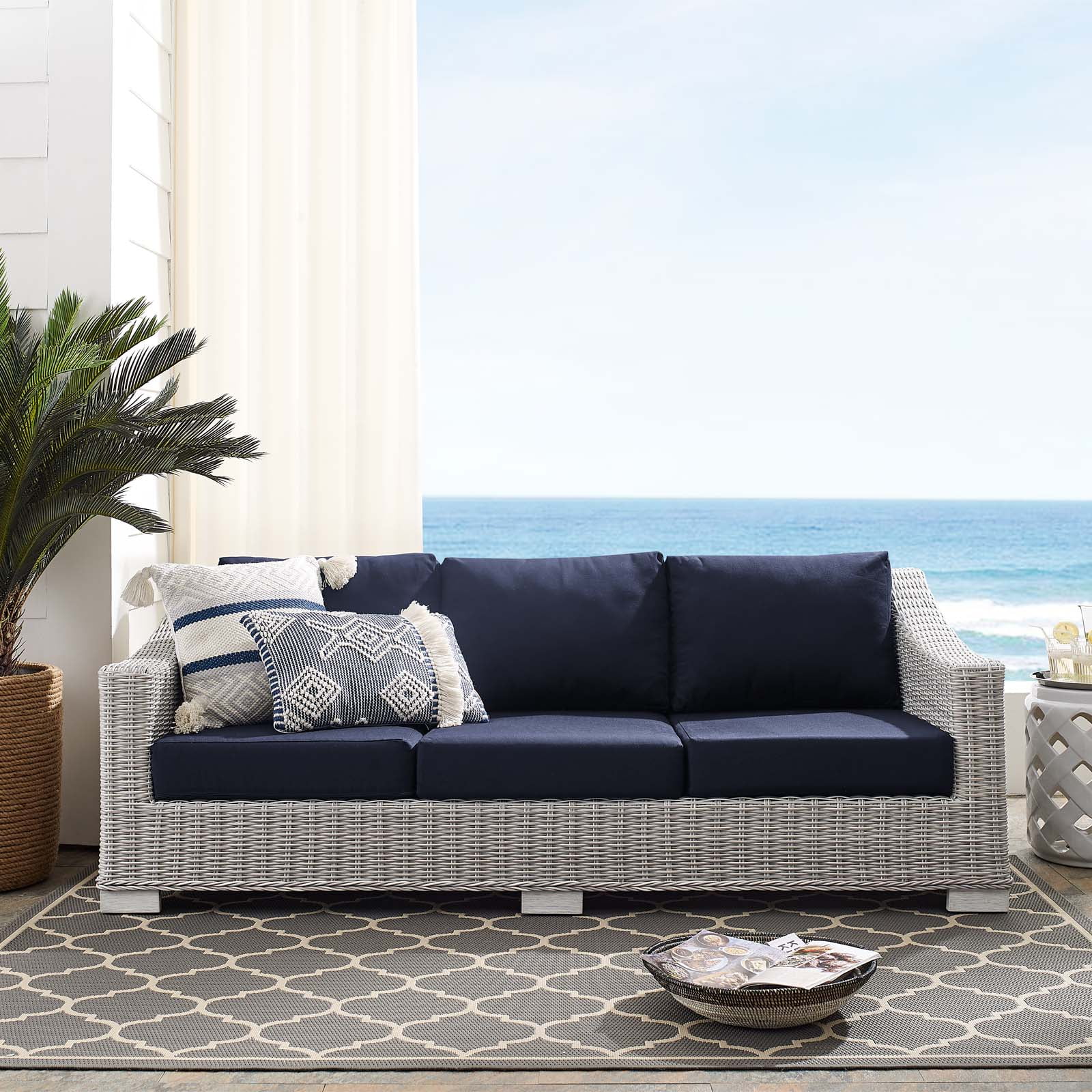 Modway Conway Patio Couch Furniture - Modern Rattan & Fabric Outdoor ...