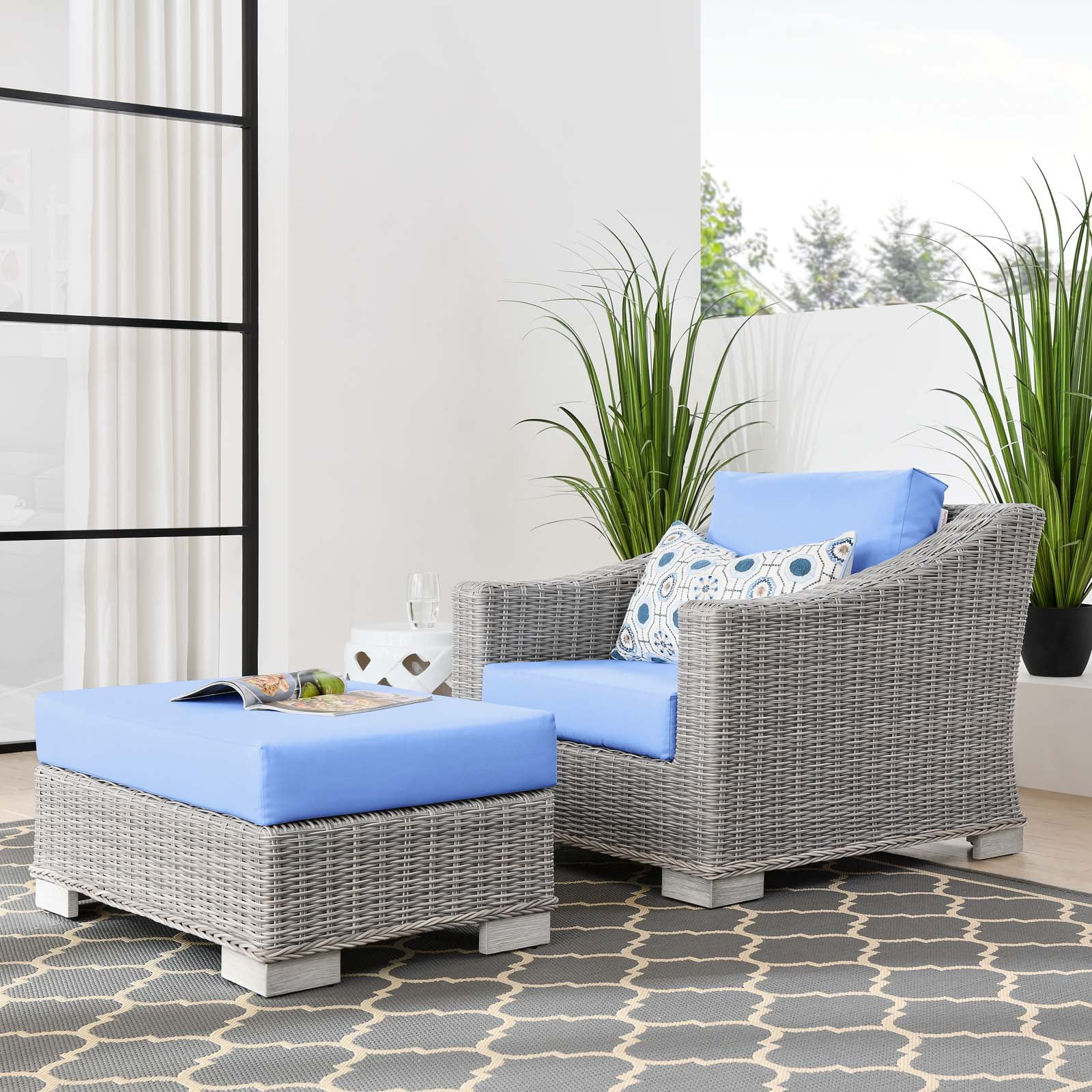 Modway Conway Outdoor Patio Wicker Rattan 2-Piece Armchair and Ottoman ...