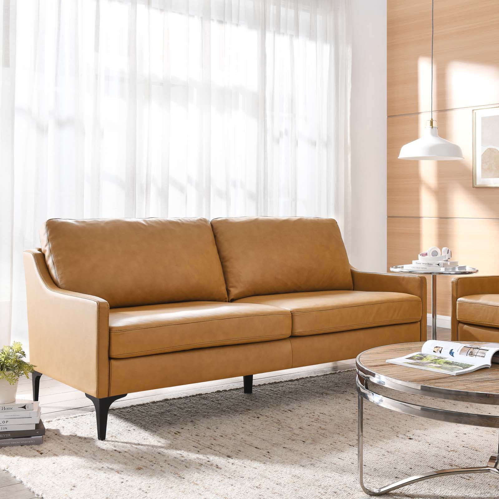 Modway Mid-Century Modern Corland Top-Grain Leather Sofa in Tan ...