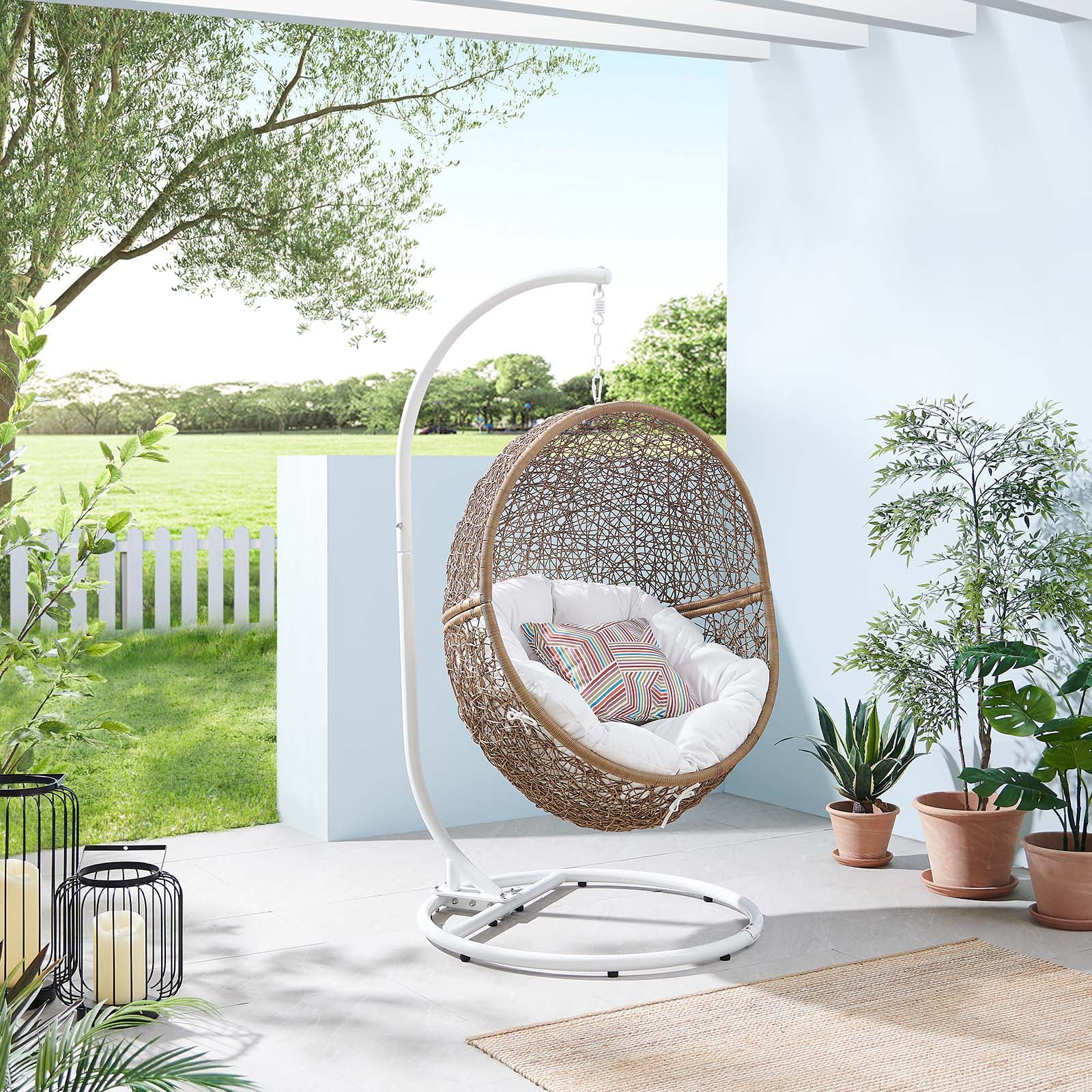 Modway Encase Outdoor Synthetic Rattan Swing Chair in Cappuccino/White ...