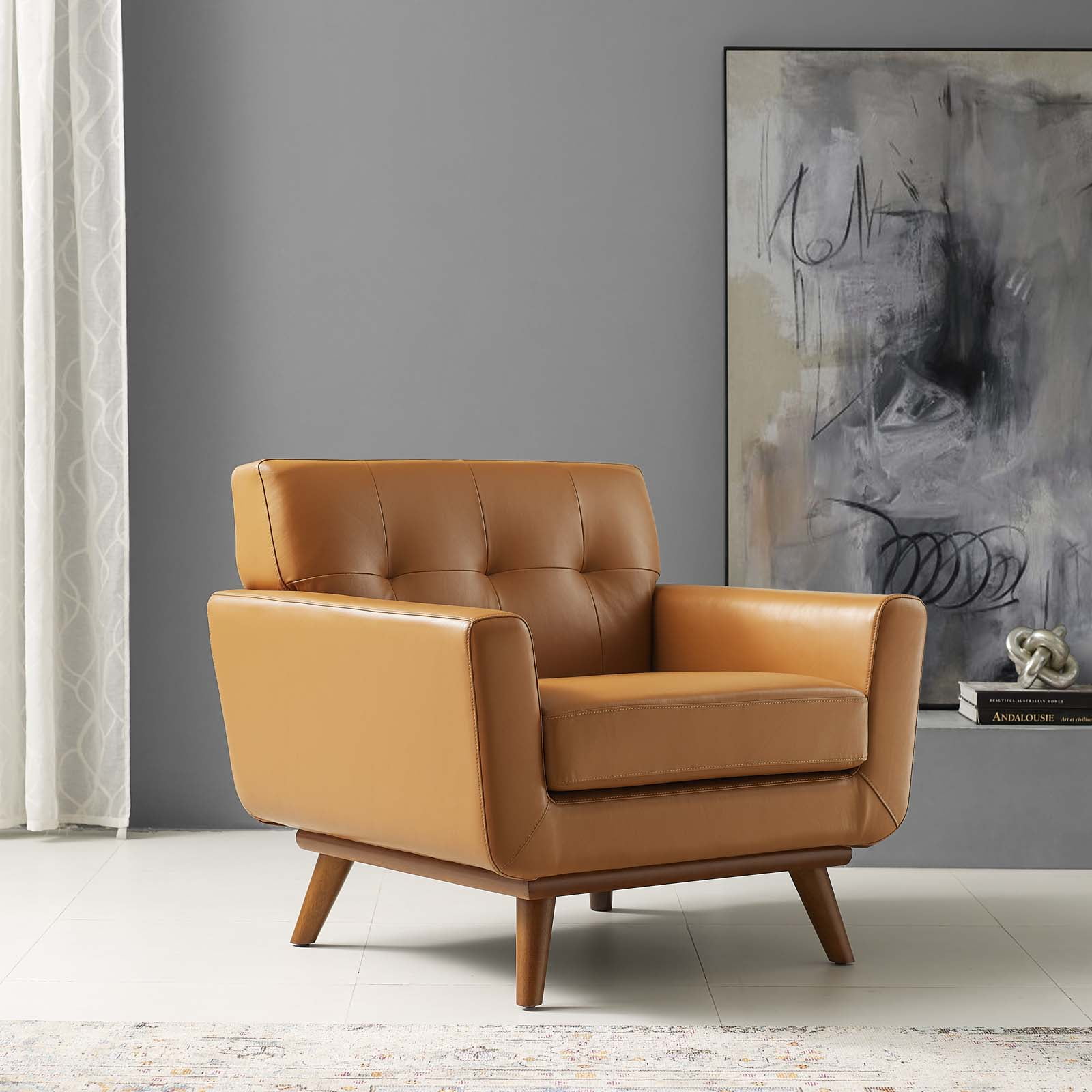 Modway Engage Top Grain Leather Living Room Accent Armchair in Tan