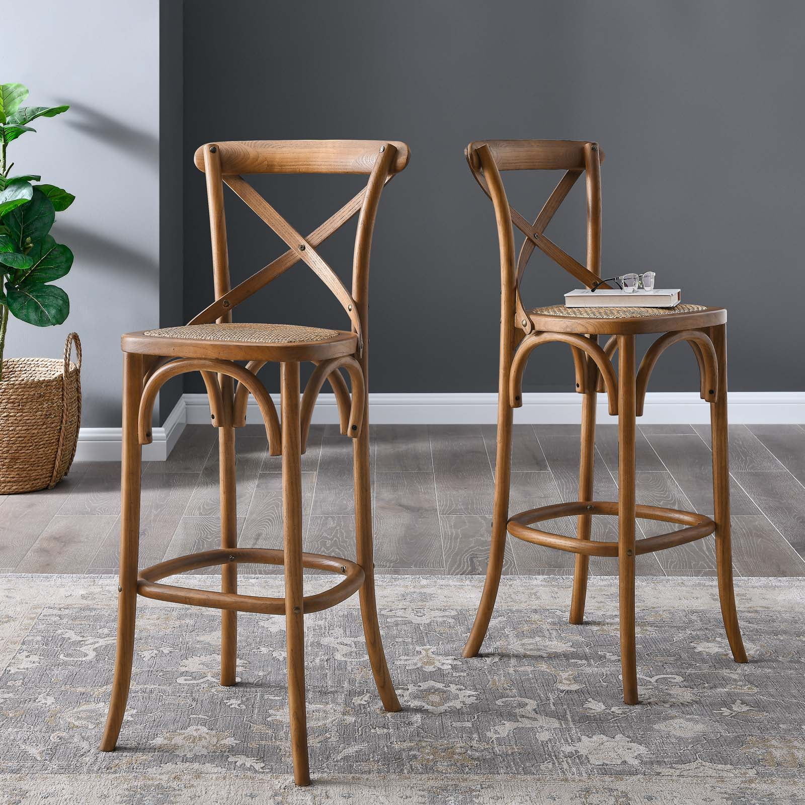 Modway Gear Bar Stool, Walnut, Elm Wood, Rattan Seat, Modern Farmhouse ...