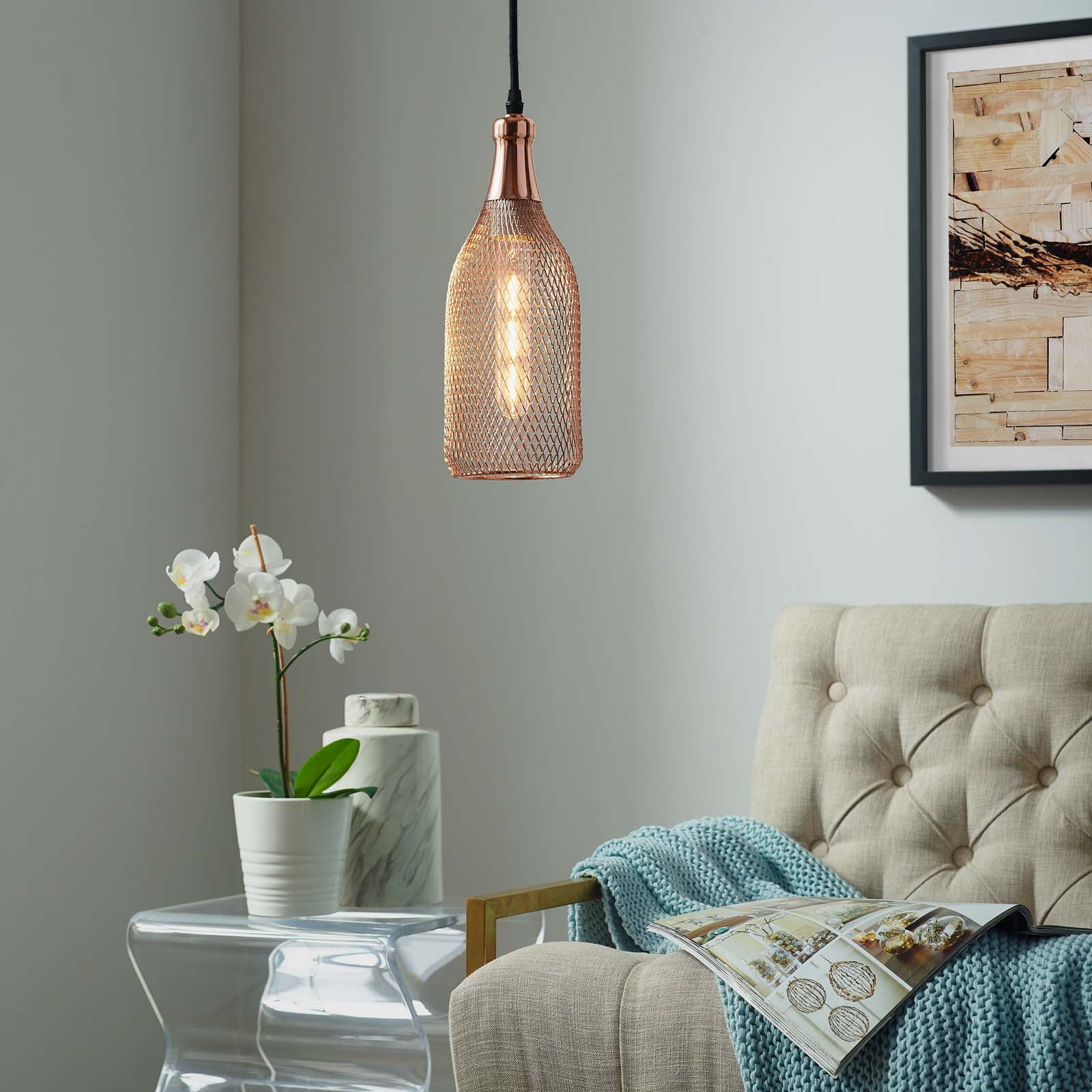 Modway Glimmer Modern Bottle-Shaped Metal Pendant Light in Rose Gold ...