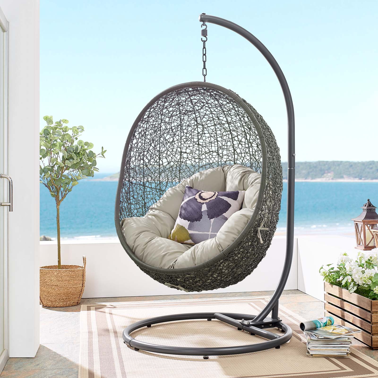 Modway Hide Outdoor Patio Swing Chair With Stand in Gray Beige ...