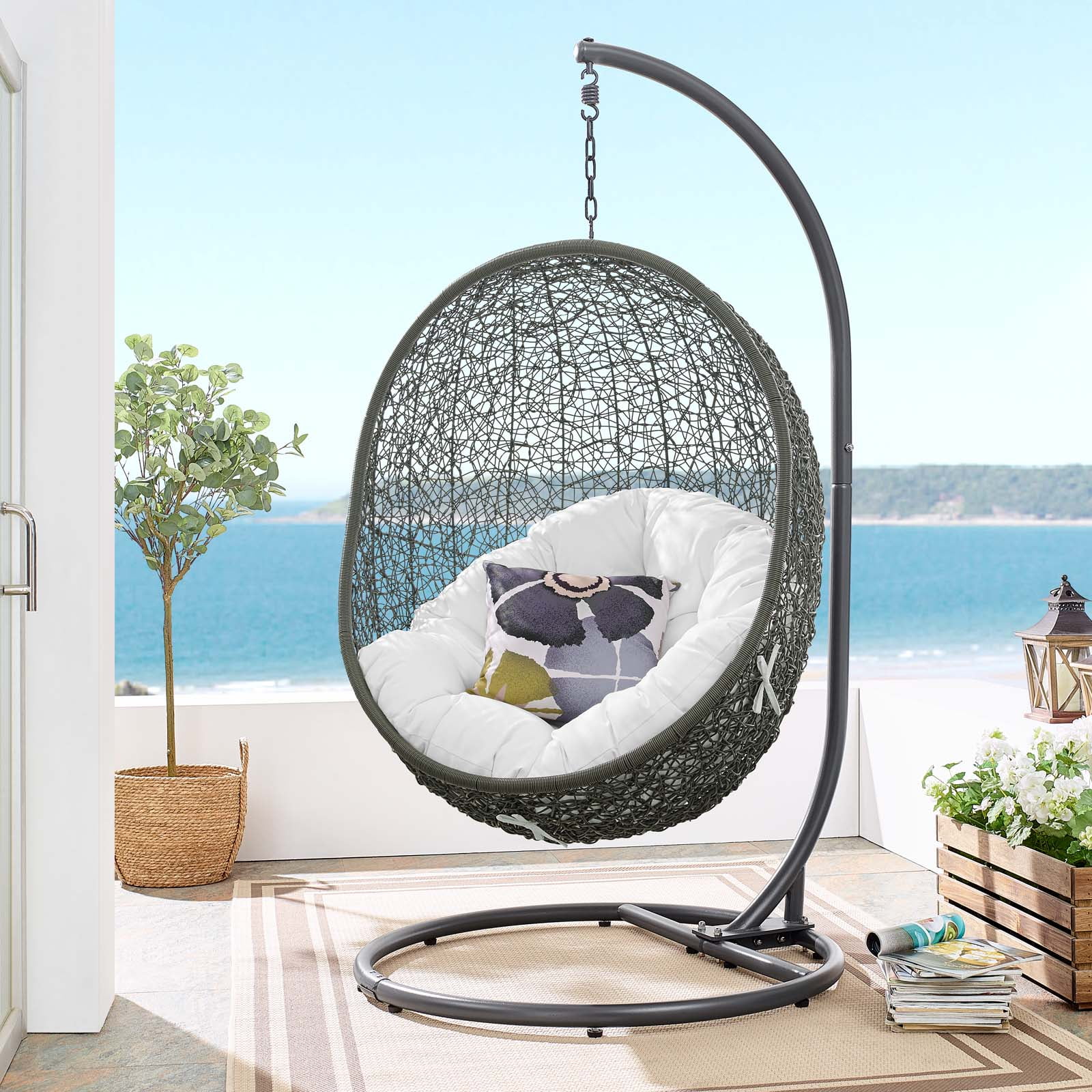 Modway Hide Steel Rattan Outdoor Patio Swing Chair with Stand in Gray White Walmart