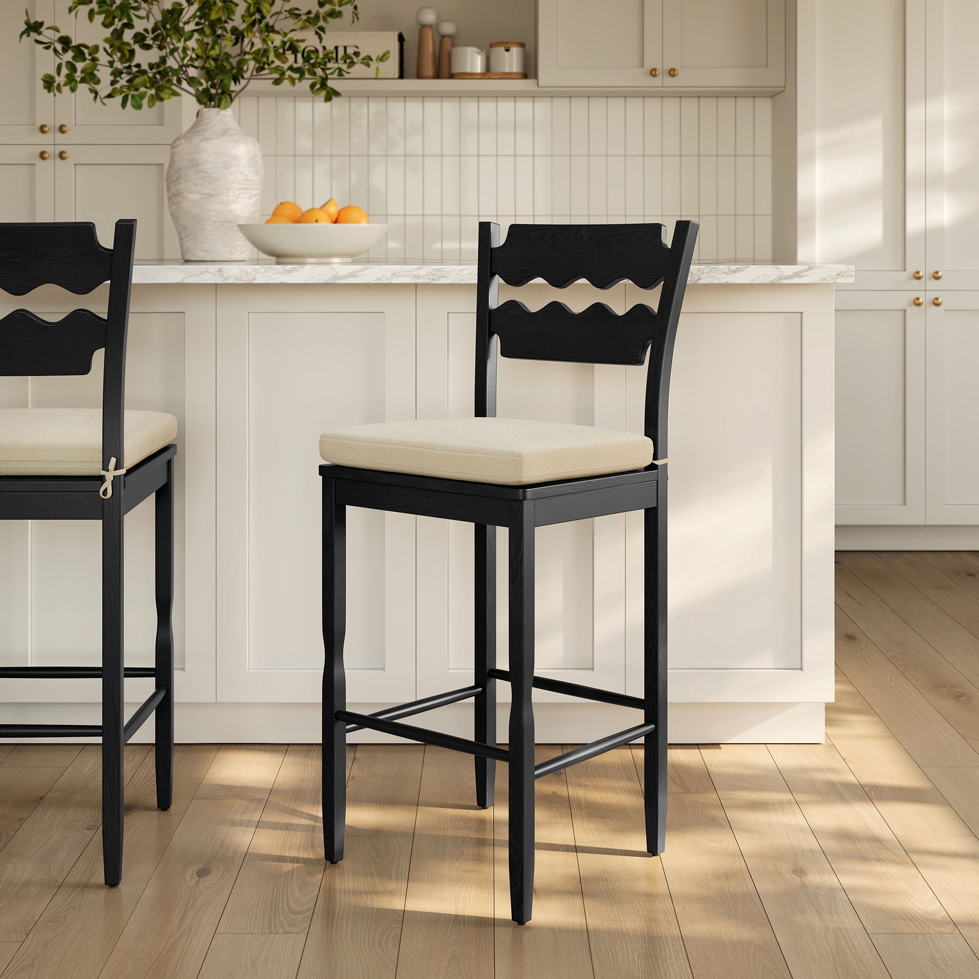 Jax Oak Wood Bar Stool With Wavy Razor Back and Cushion in Black Linen ...