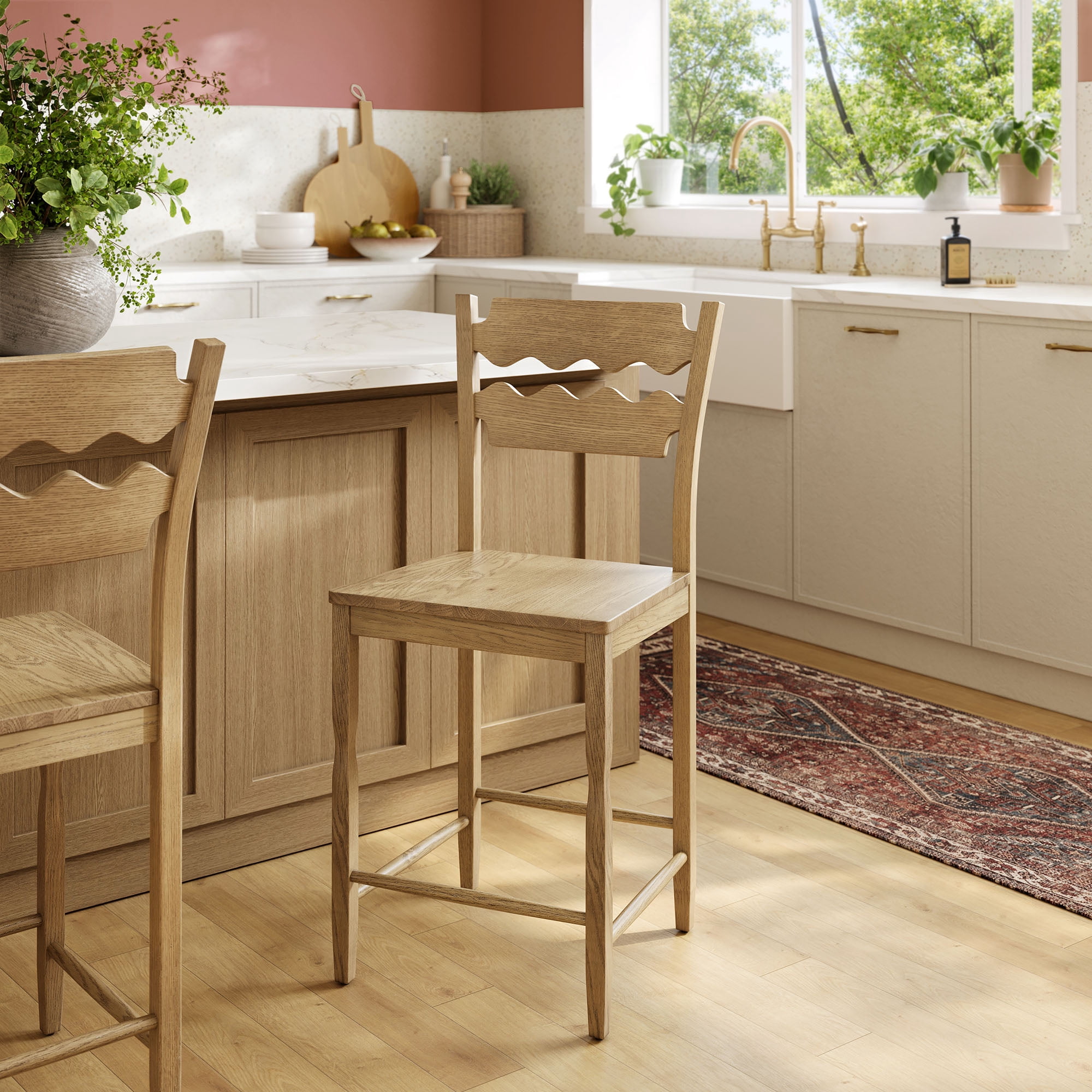 Jax Oak Wood Counter Stool With Wavy Razor Back in Weathered Oak ...