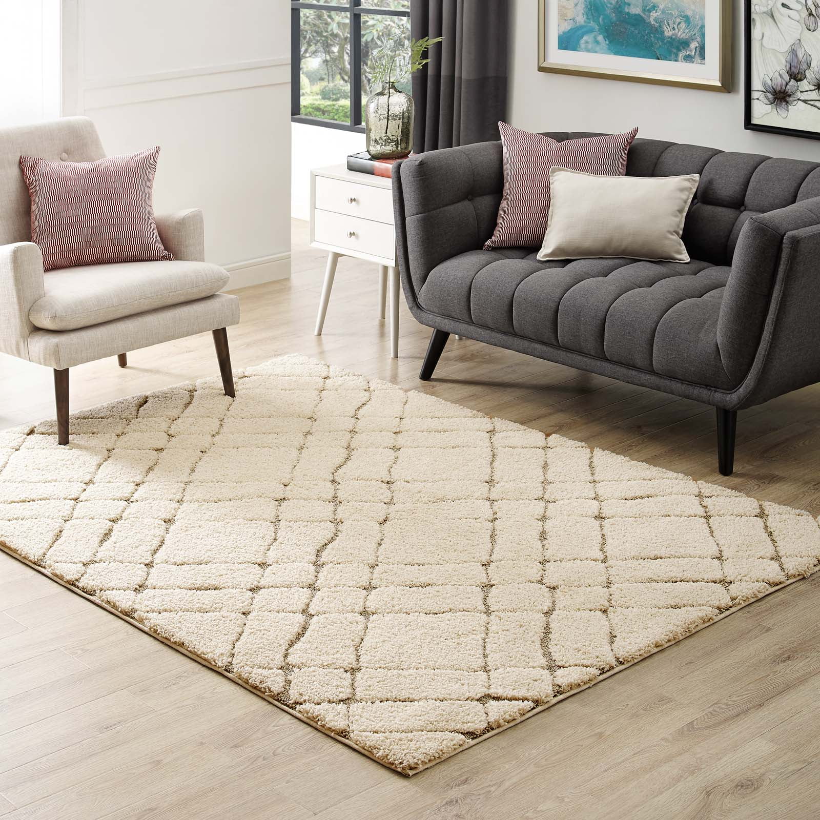 Modway Jubilant Verona Abstract Geometric 5x8 Shag Area Rug in Creame ...
