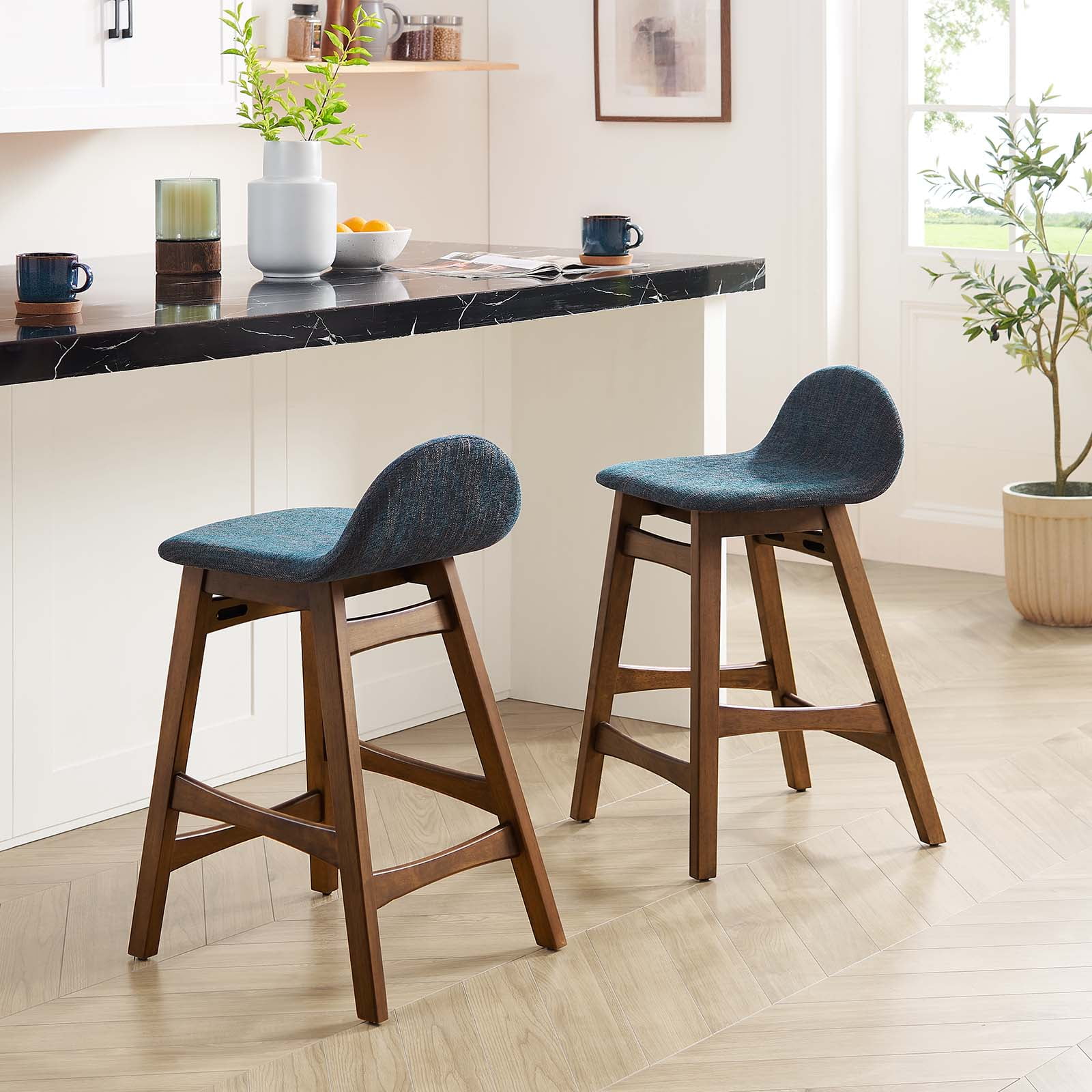 Modway Juno Wood Counter Stool - Set of 2 in Navy Fabric - Walmart.com