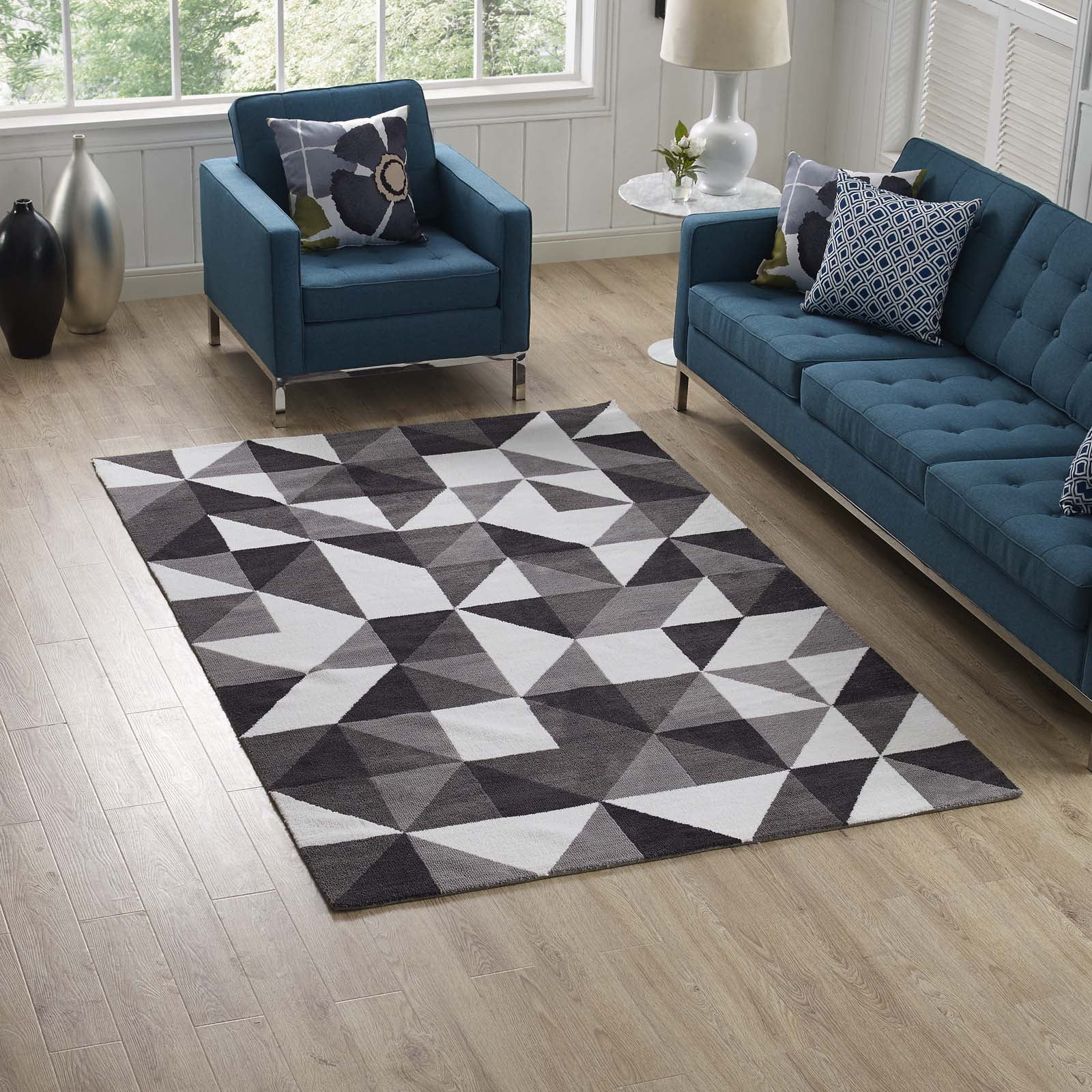 Modway Kahula Geometric Triangle Mosaic 5x8 Area Rug in Black, Gray and ...