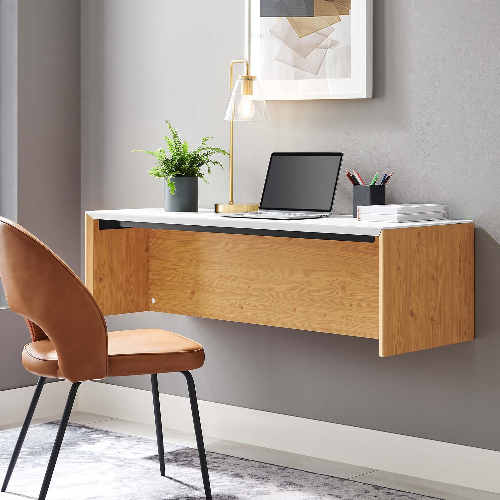 Modway Kinetic 49" Wall-Mount Wood Office Desk in White and Natural ...