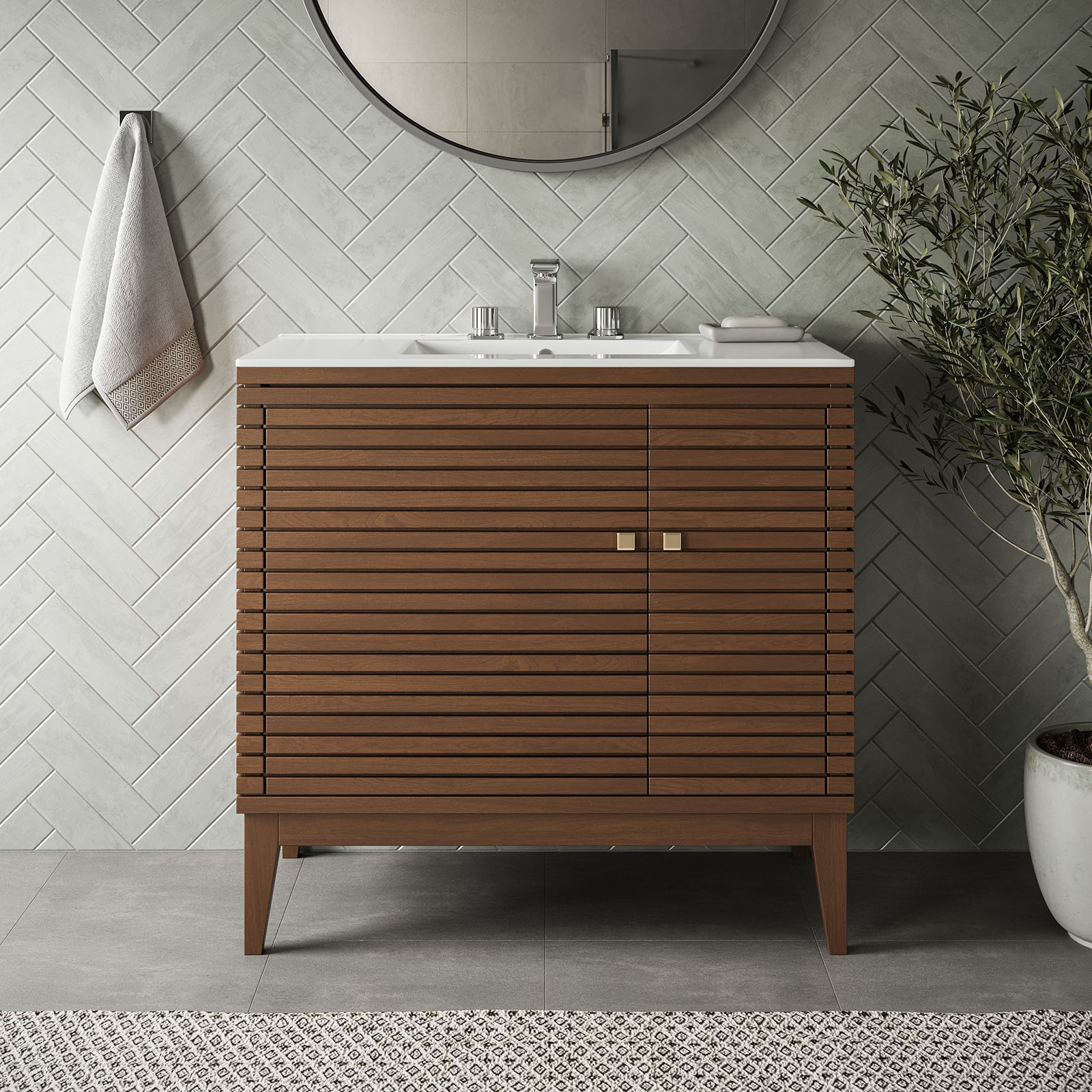 Modway Ledger 36" Modern Solid Mindi Wood Bathroom Vanity in Walnut ...