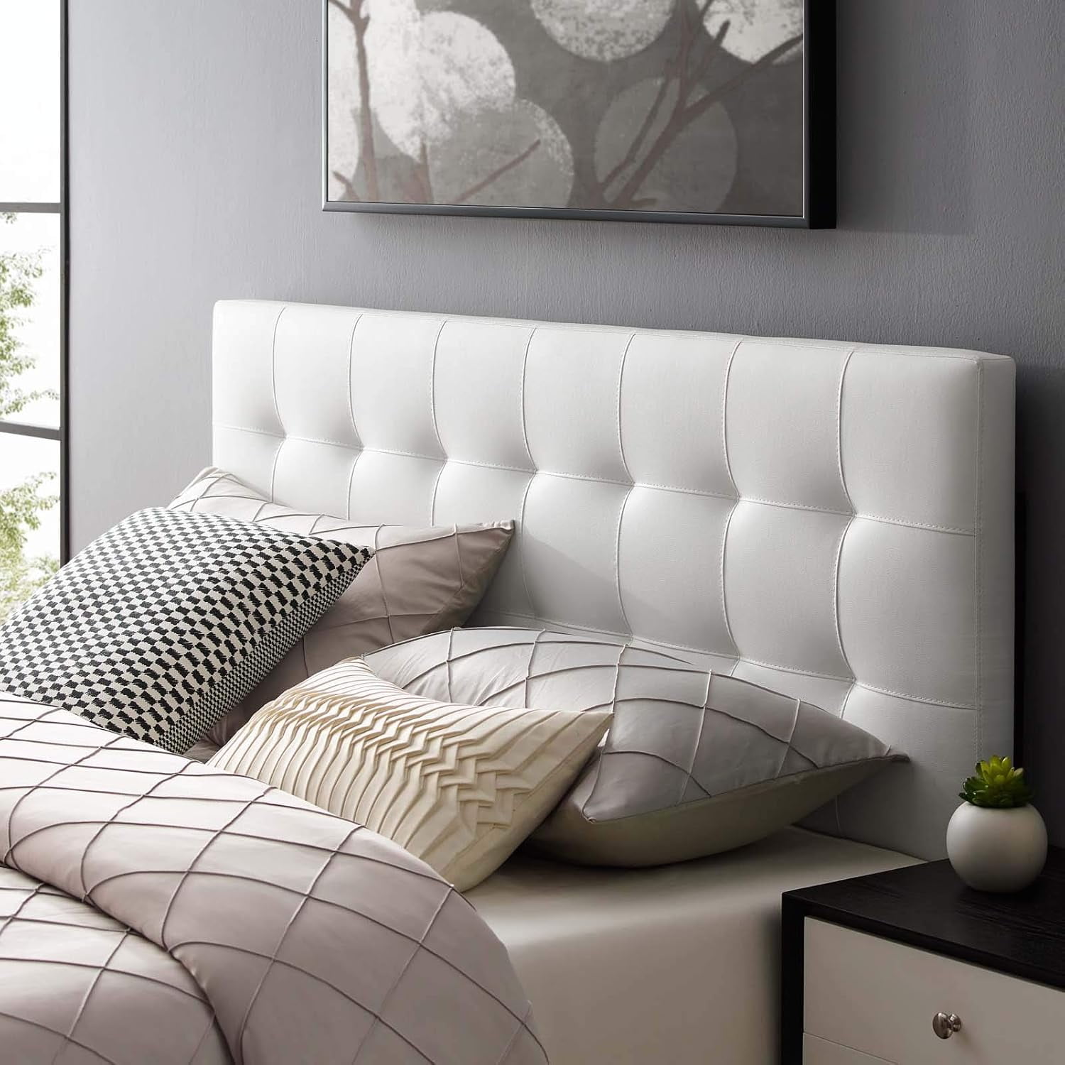 Modway Lily Tufted Faux Leather Upholstered Queen Headboard in White ...