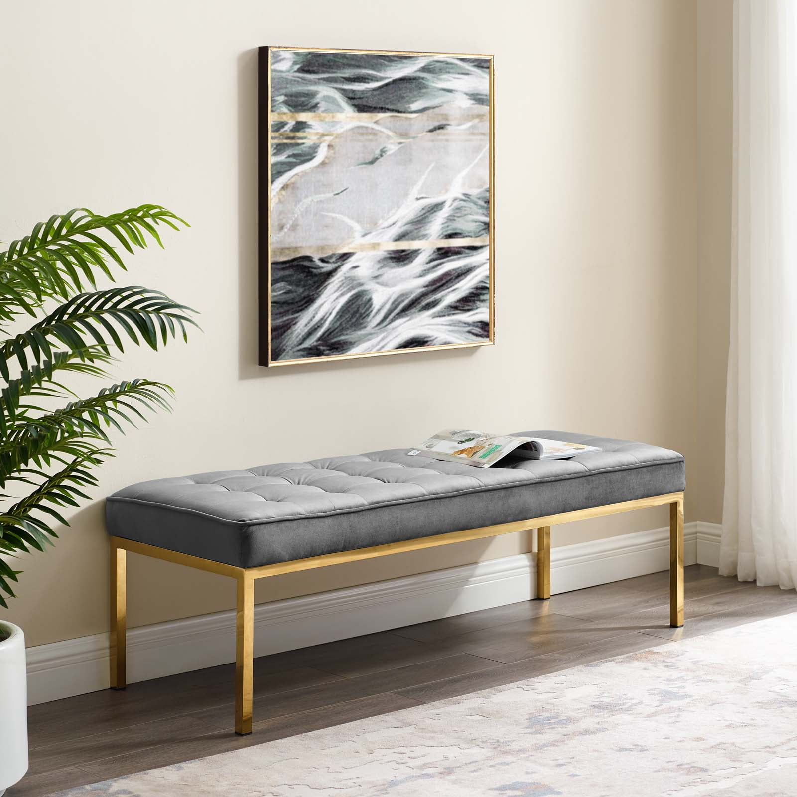 Modway Loft Gold Stainless Steel Leg Large Performance Velvet Bench in ...