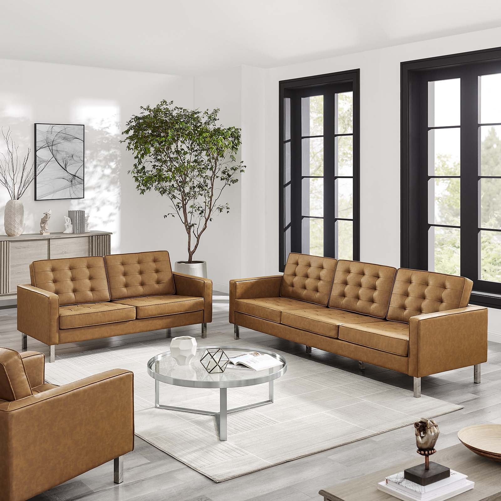 Modway Loft Tufted Vegan Leather 2-Piece Furniture Set in Silver Tan ...