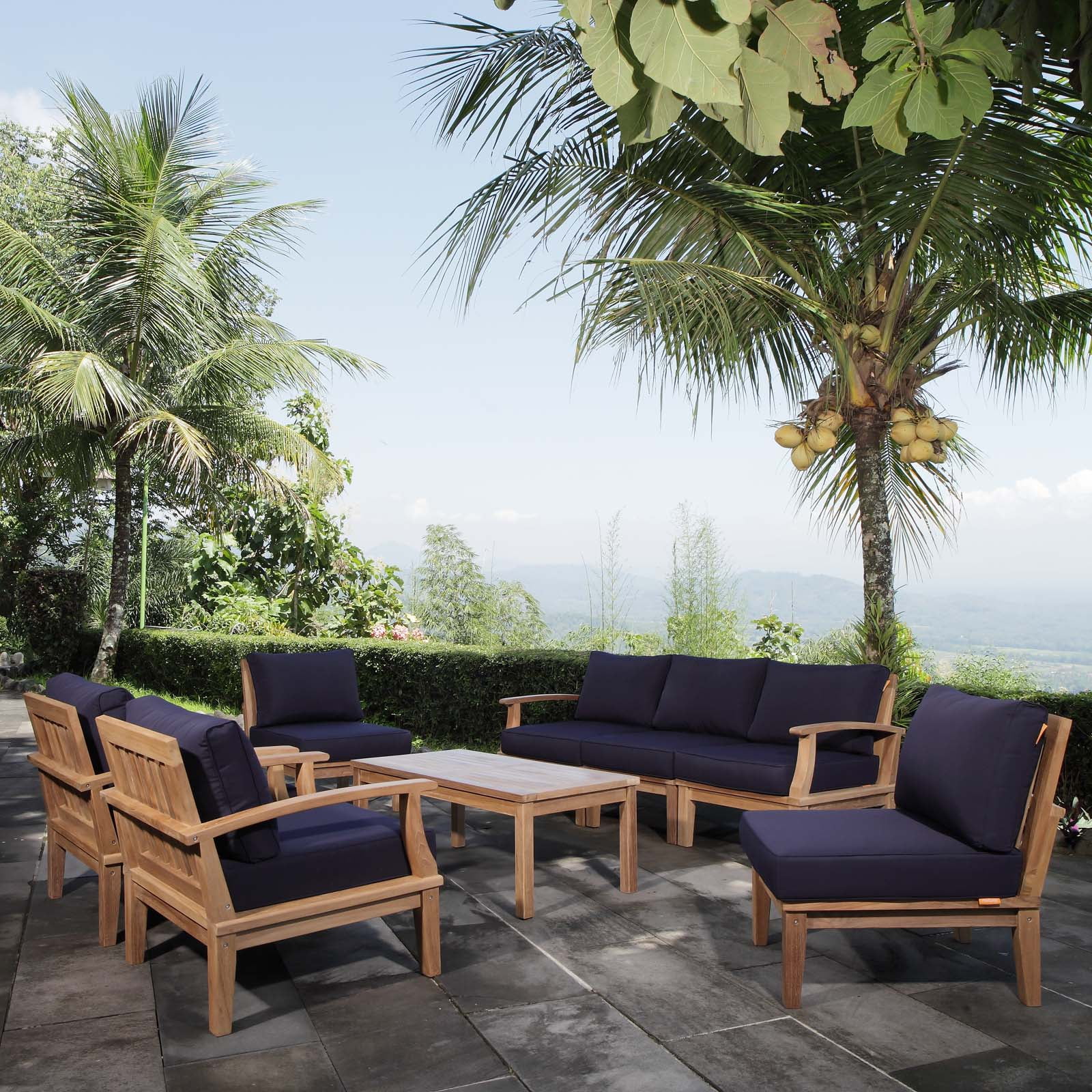Marina 8 Piece Outdoor Patio Teak Set in Natural Navy - Walmart.com