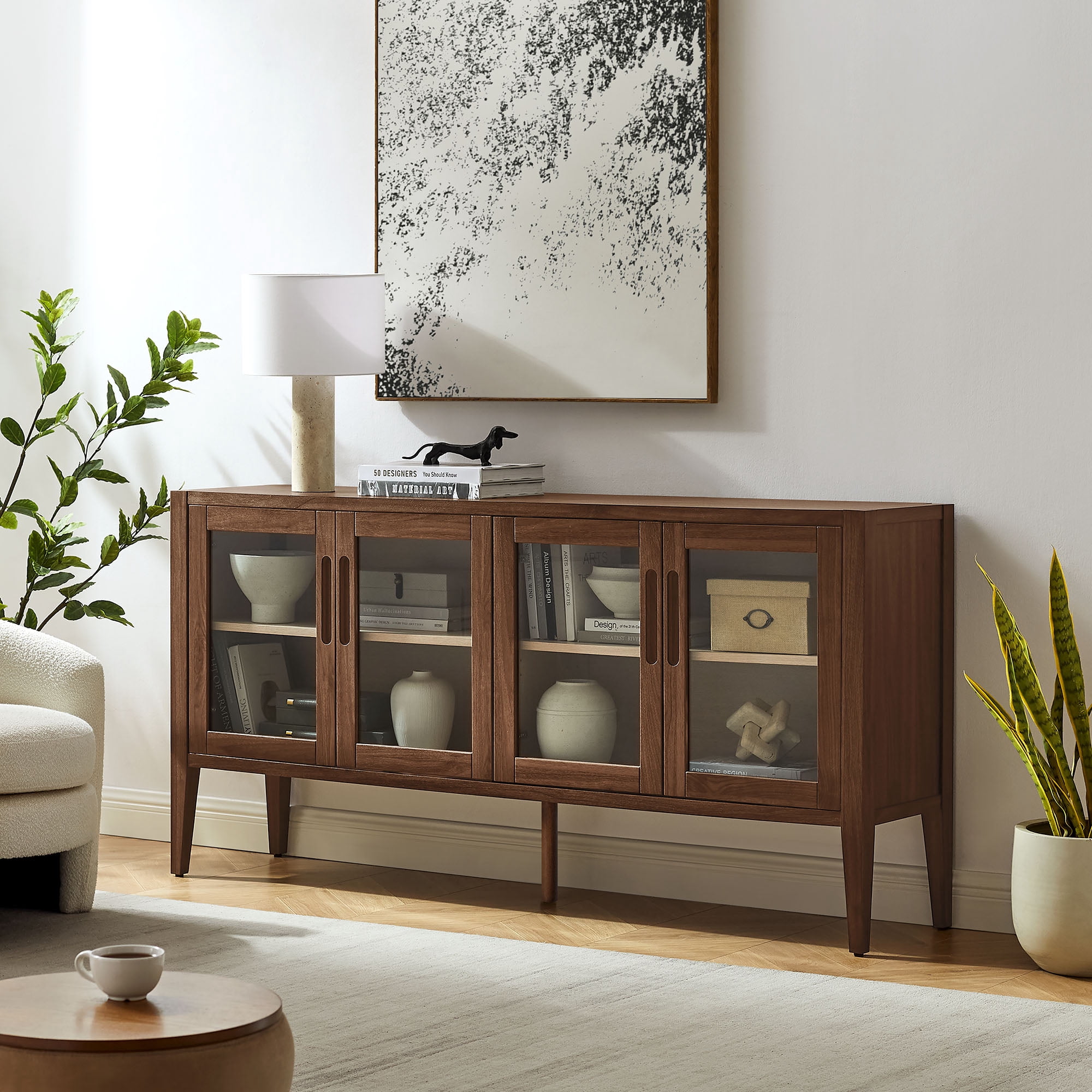 Nell 72" Glass Door Sideboard Storage Display Cabinet in Walnut ...