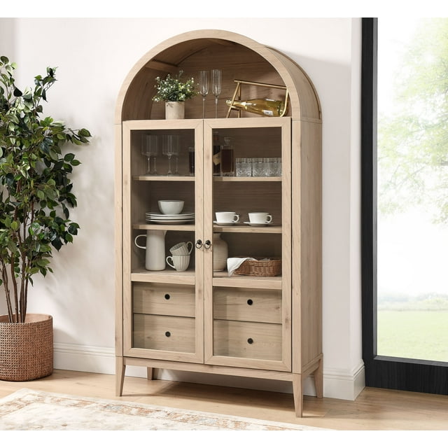Modway Nolan 74" Tall Arched Storage Display Cabinet in Light Oak ...