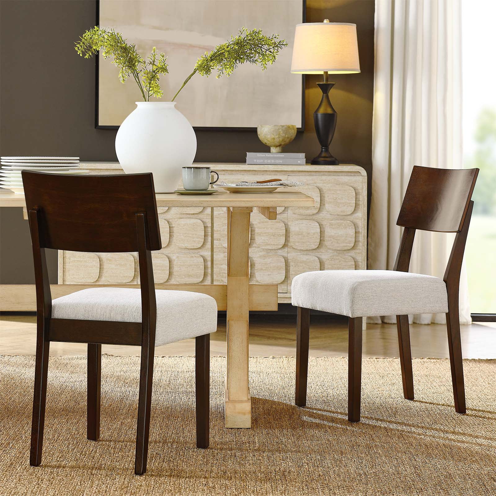 Modway Pax Wood Dining Side Chairs - Set of 2 in Walnut Heathered Weave ...