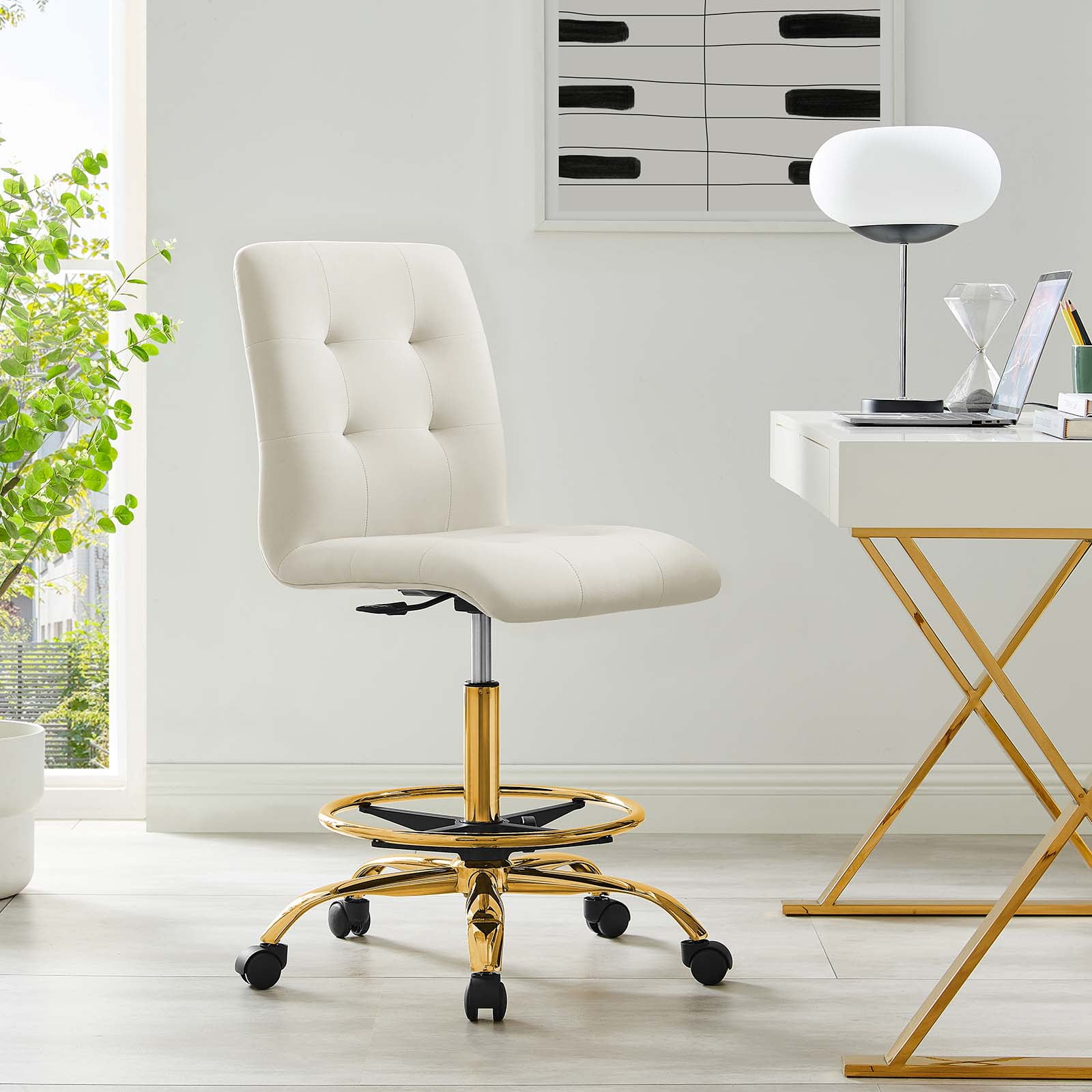 Modway Prim Armless Performance Velvet Drafting Chair in Gold Ivory ...