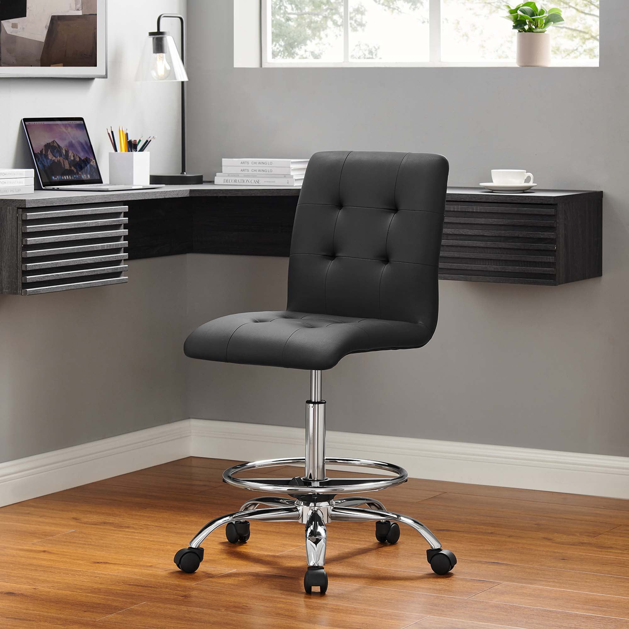 Modway Prim Armless Vegan Leather Drafting Chair in Silver Black ...