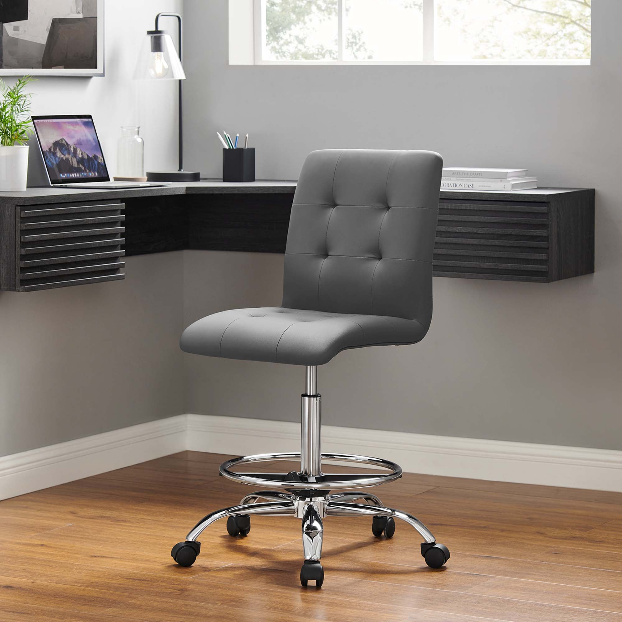 Modway Prim Armless Vegan Leather Drafting Chair in Silver Gray ...