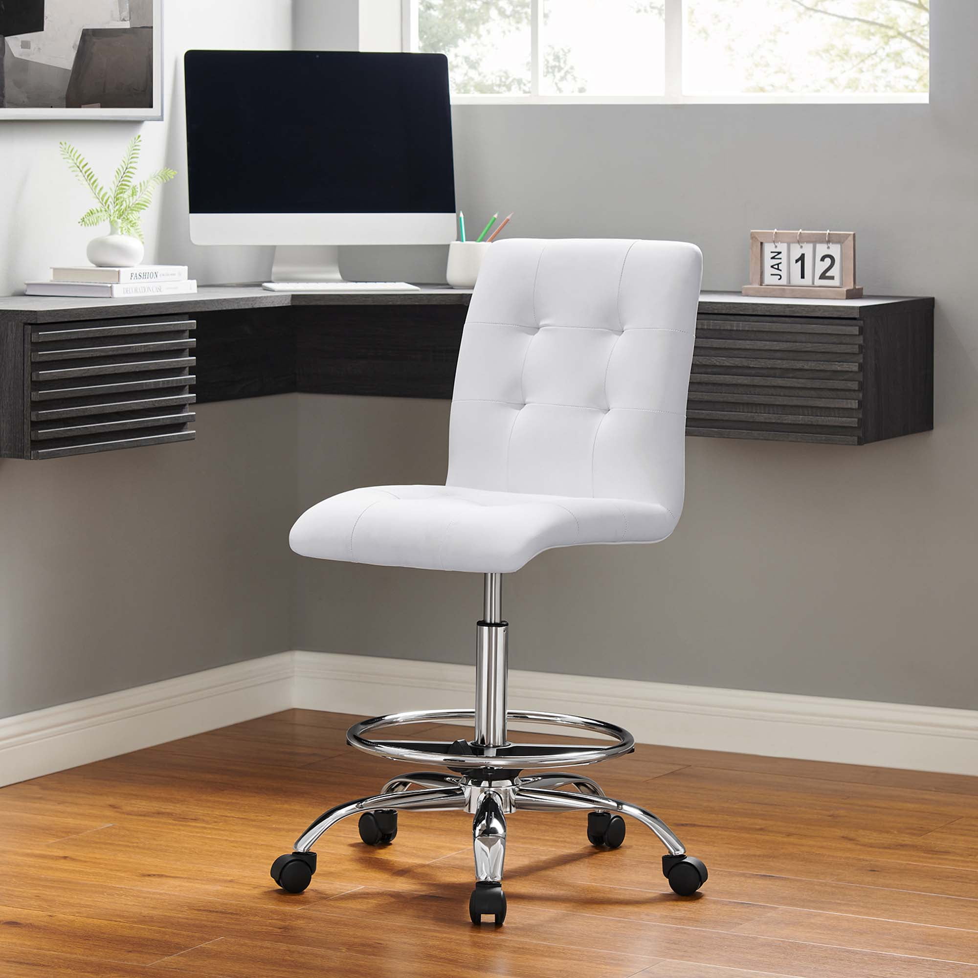 Modway Prim Armless Vegan Leather Drafting Chair in Silver White ...