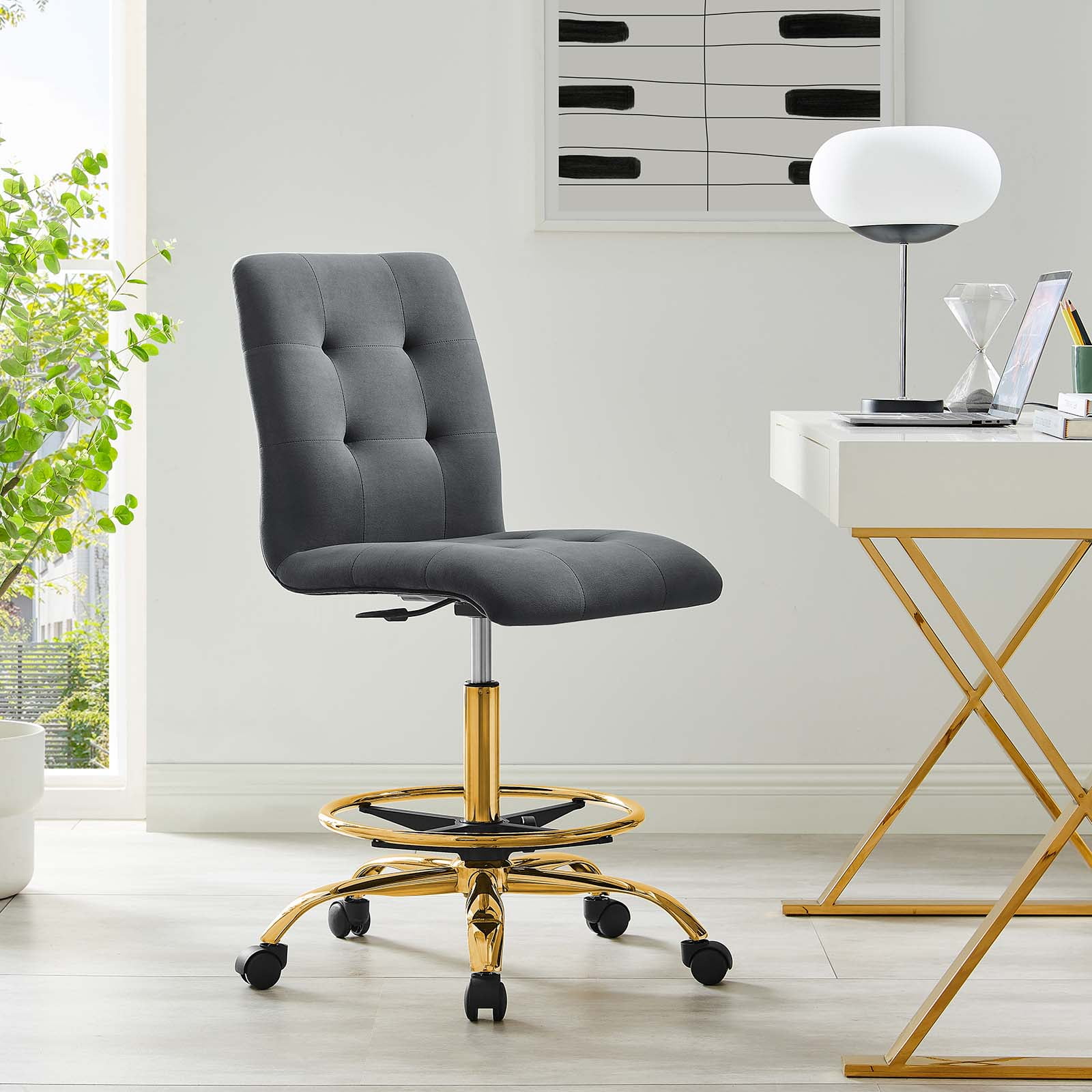 Modway Prim Metal and Performance Velvet Armless Drafting Chair in Gold ...