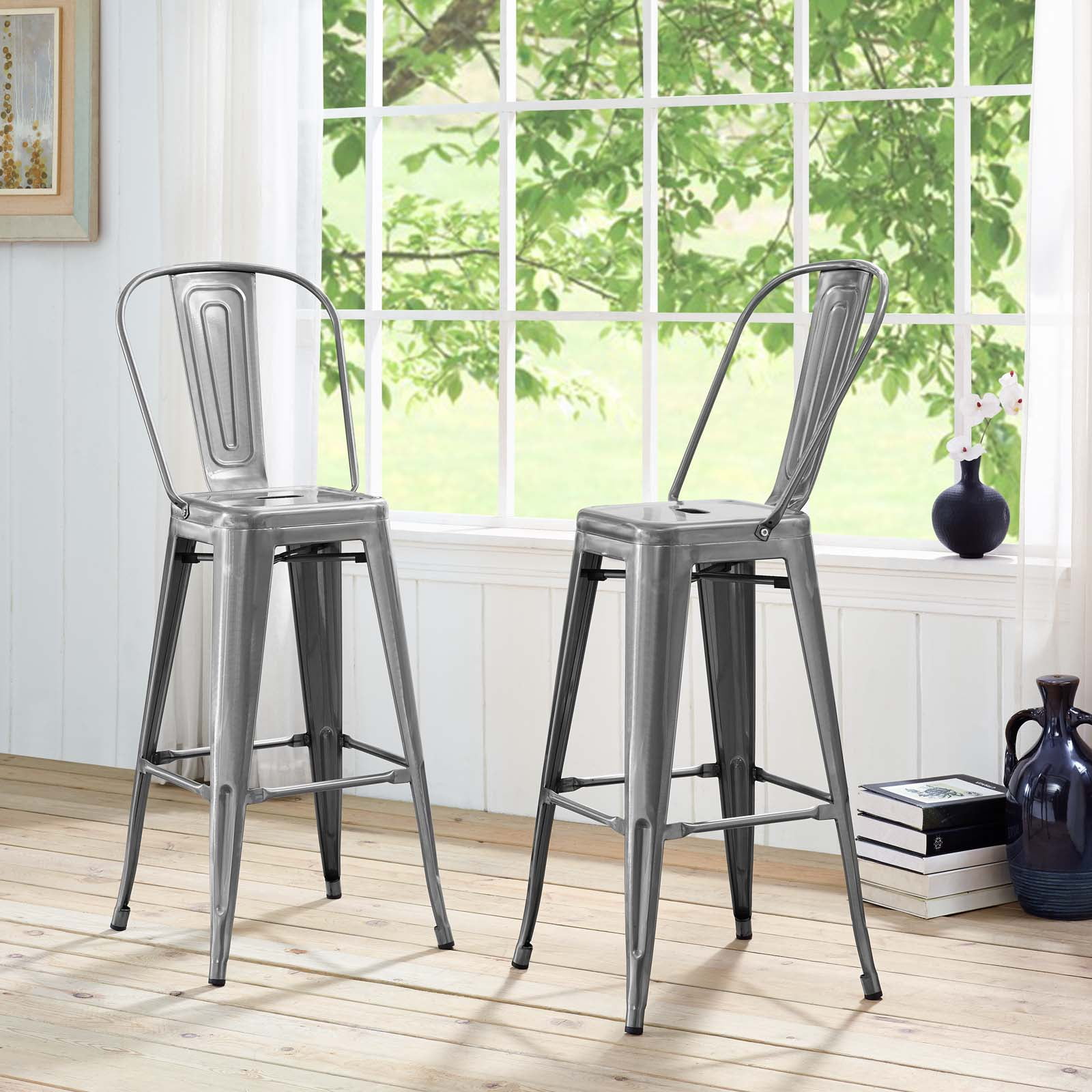 Modway Promenade 29.5" Modern Metal Bar Stool in Gunmetal Finish ...
