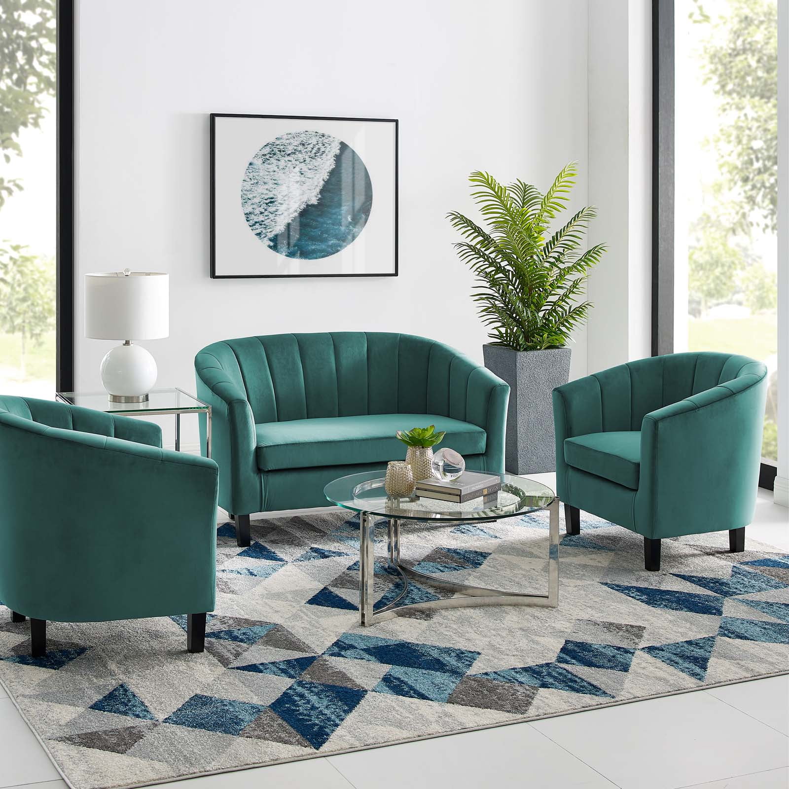 Modway Prospect Channel Tufted 3 Piece Performance Velvet Set in Teal ...