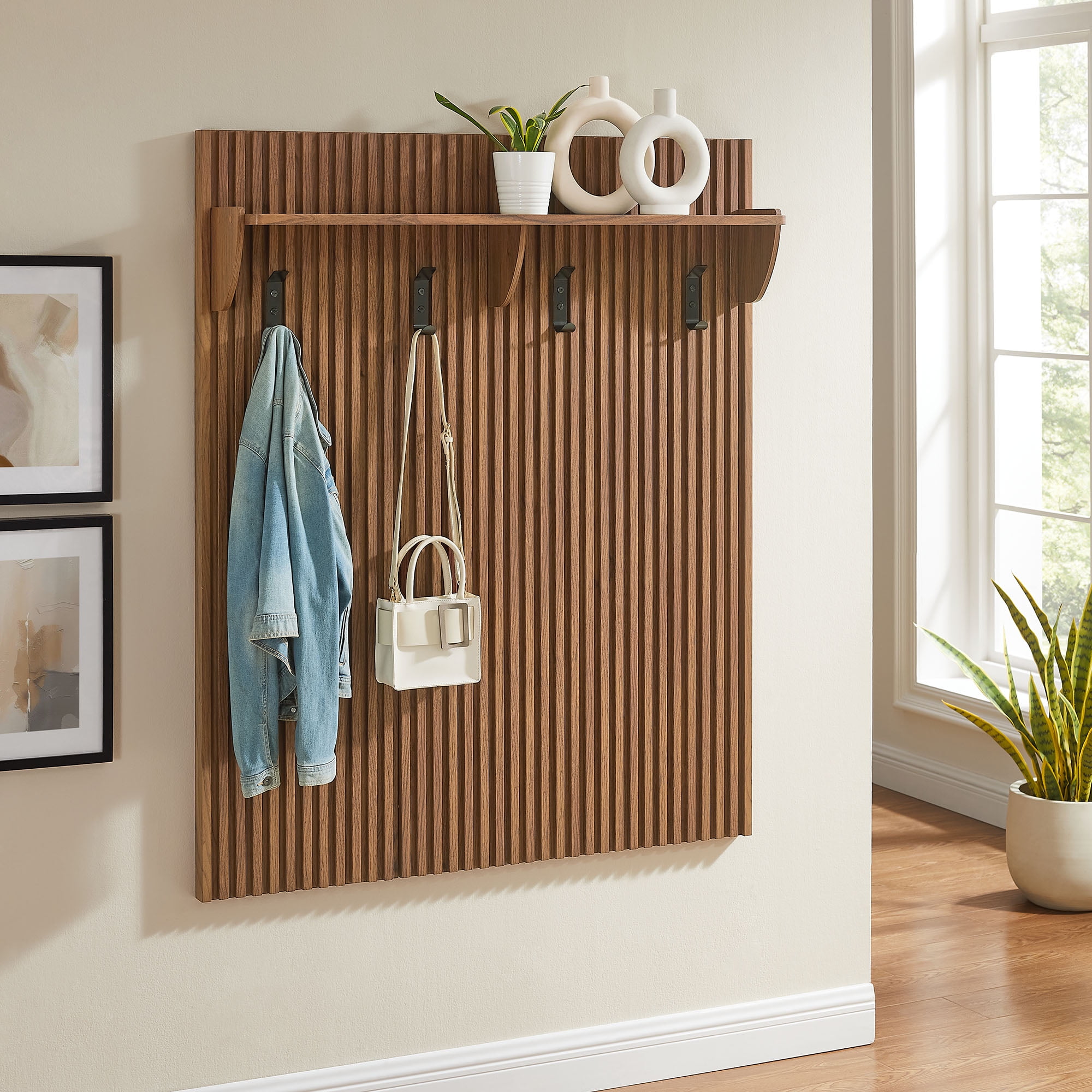 Render Fluted Coat Rack Panel With Shelf in Walnut - Walmart.com