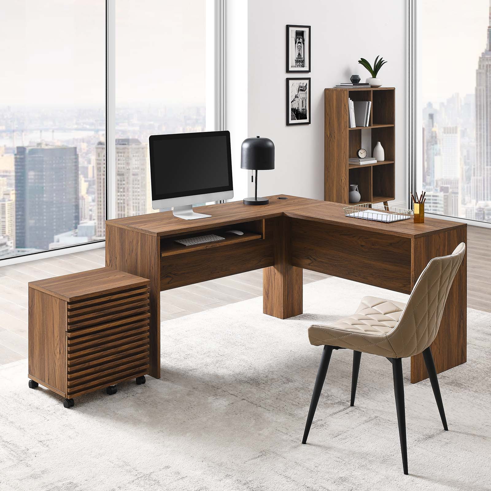 Modway Render Wood Desk and File Cabinet Set in Walnut - Walmart.com