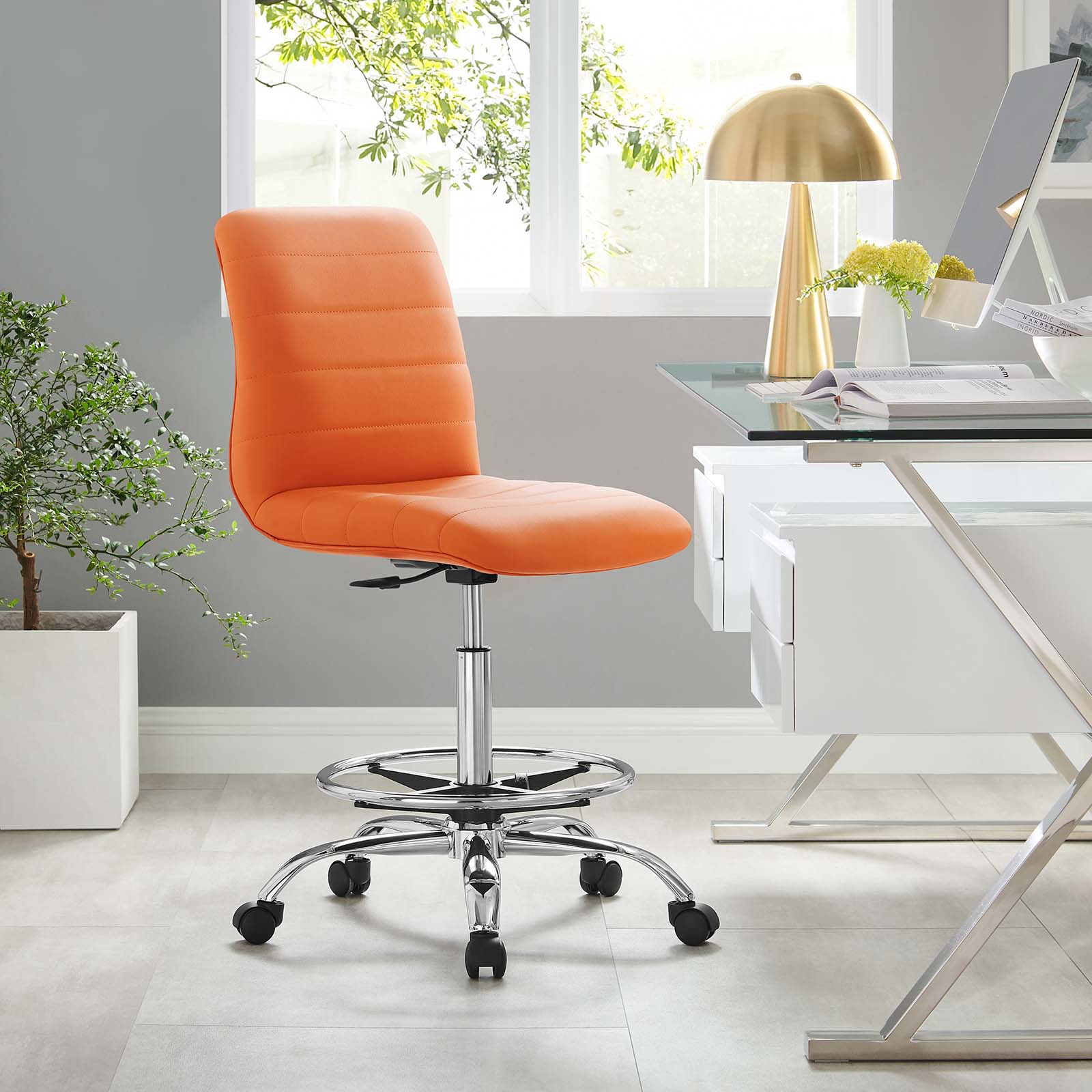 Modway Ripple Armless Vegan Leather Drafting Chair in Silver Orange ...