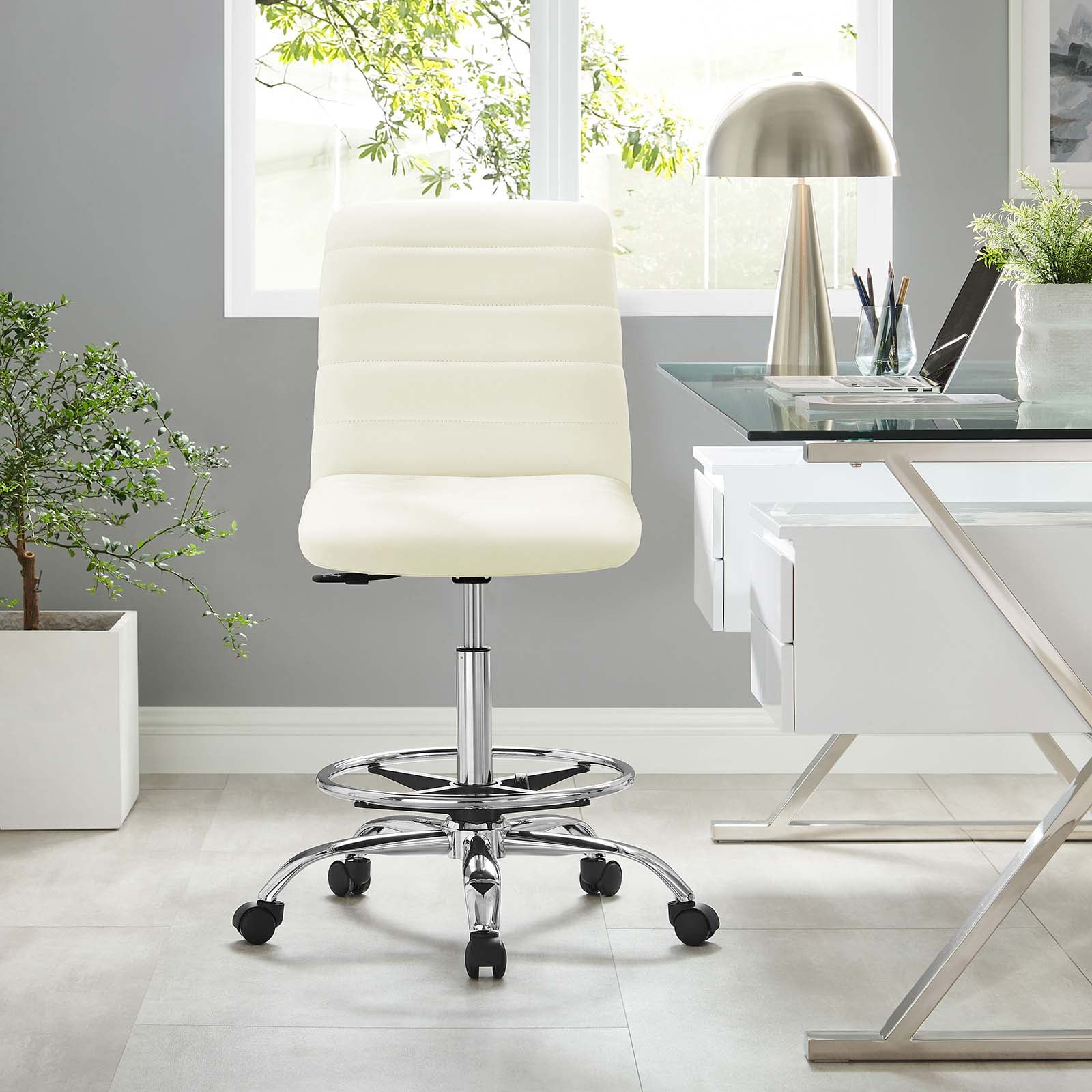 Modway Ripple Armless Vegan Leather Drafting Chair in Silver White ...