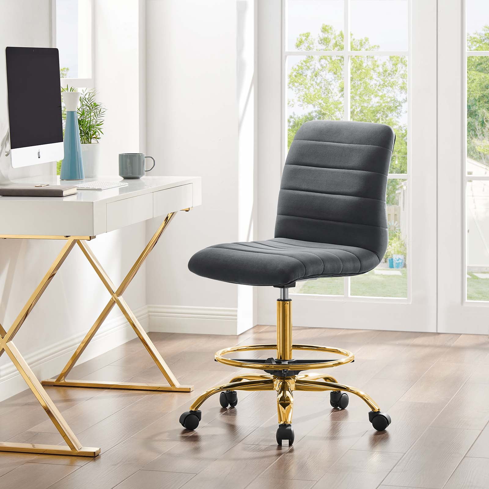 Modway Ripple Performance Velvet Armless Drafting Chair in Gold/Gray ...