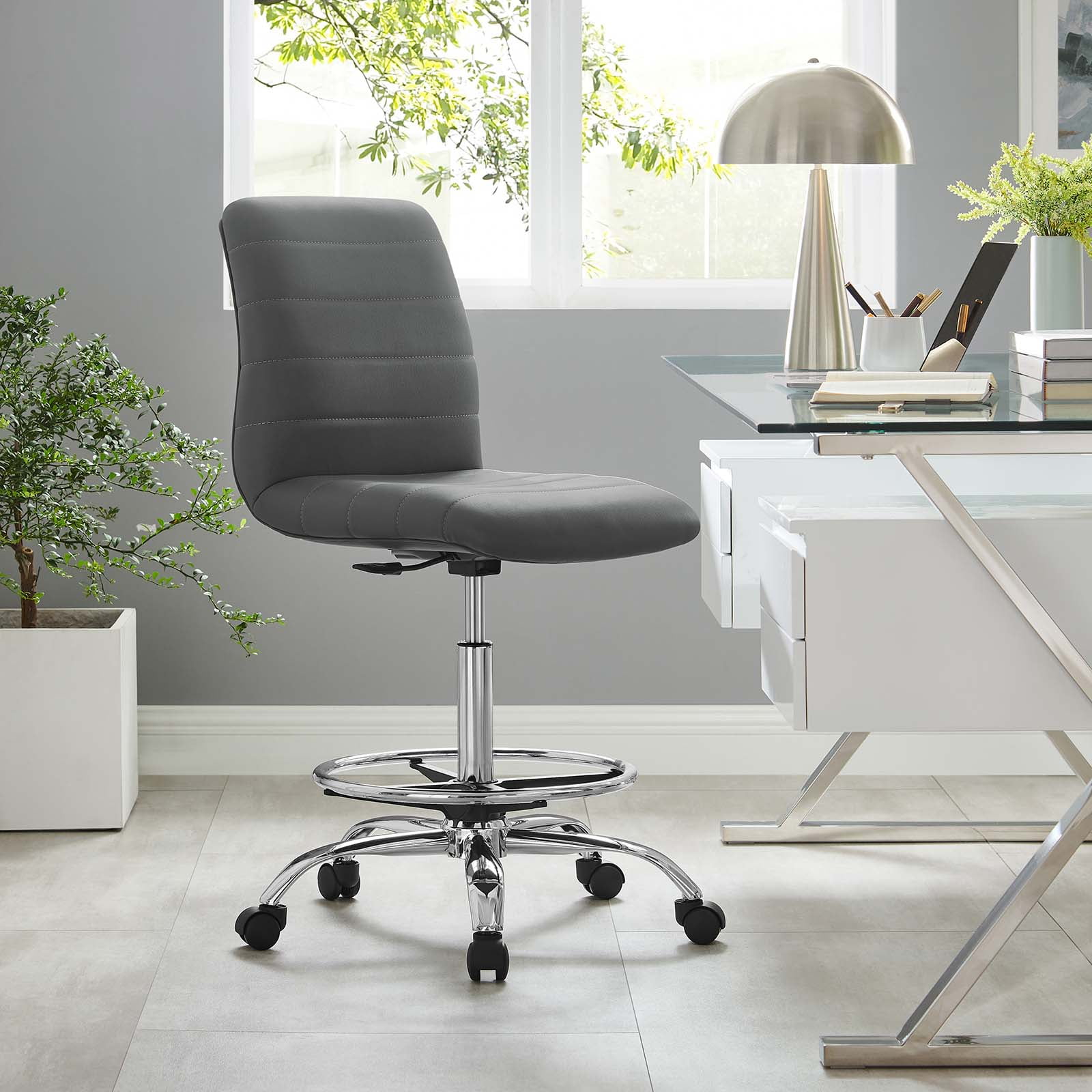 Modway Ripple Armless Vegan Leather Drafting Chair in Silver Gray ...