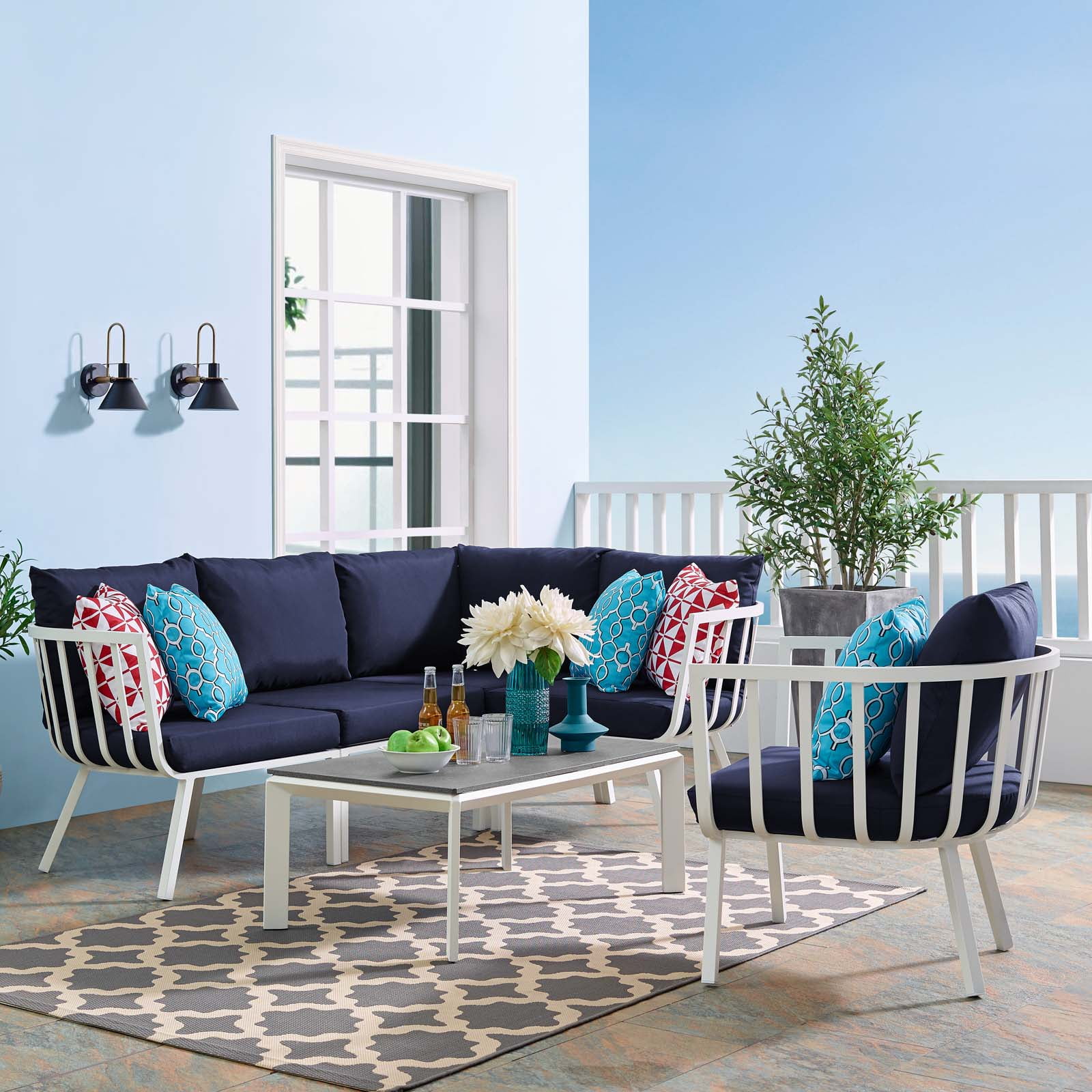 Modway Riverside 6 Piece Outdoor Patio Aluminum Set in White Navy ...