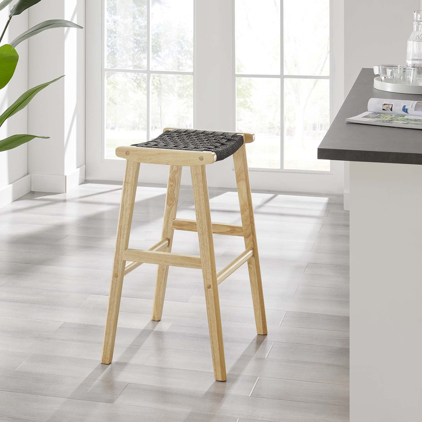 Modway Saoirse Woven Rope Wood Bar Stool - Set of 2 in Natural Black ...